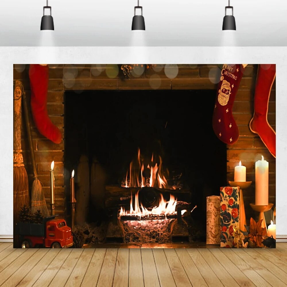 Fireplace Photo Backdrop Gifts Socks Candles Christmas Party Home Decor ...