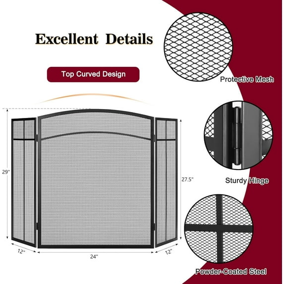 Fireplace Screen 3 Panel 48" W x 29" H Wrought Iron Metal Decorative ...