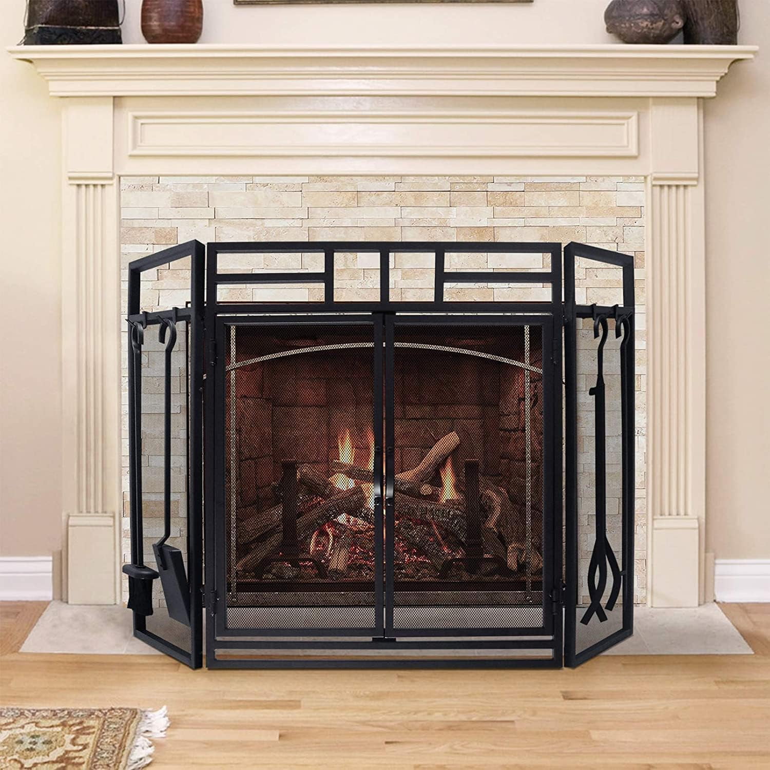 Fireplace Screen, 3-Panel Folding Fire Spark Guard Grate with Magnetic ...