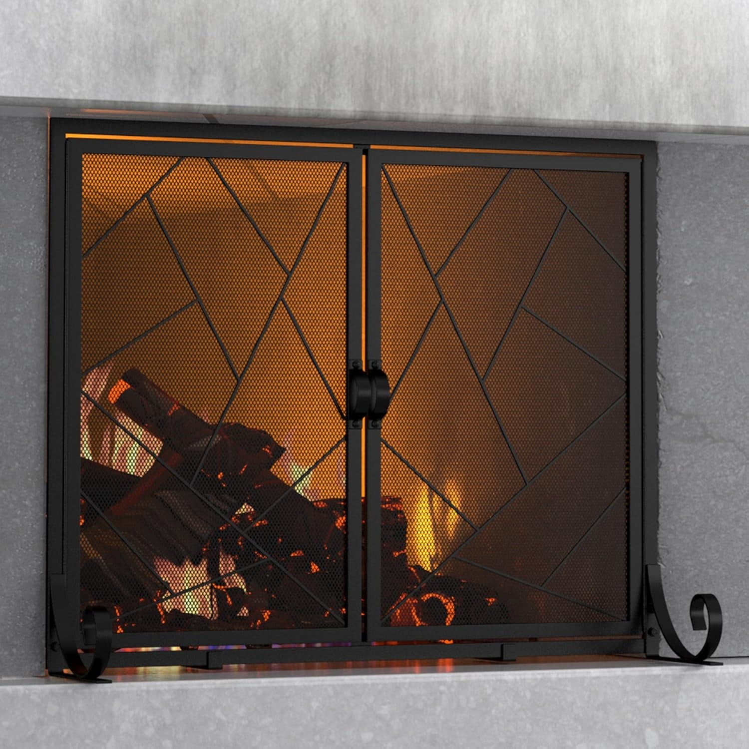 Fireplace Screen with Hinged Doors Cast Iron Border Sturdy Steel Frame ...