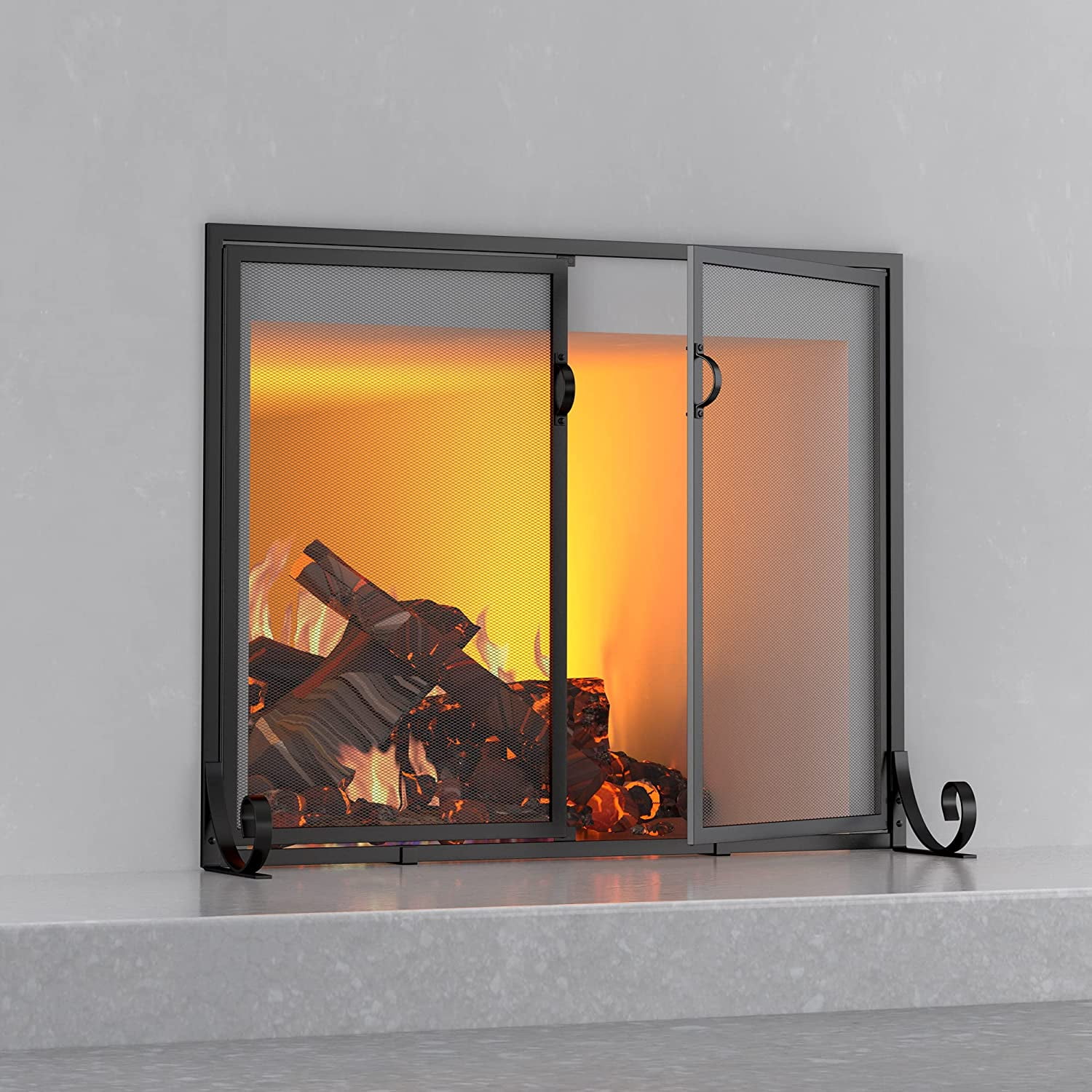 Fireplace Screen with Hinged Doors, Powder Coated Steel Frame, Metal ...