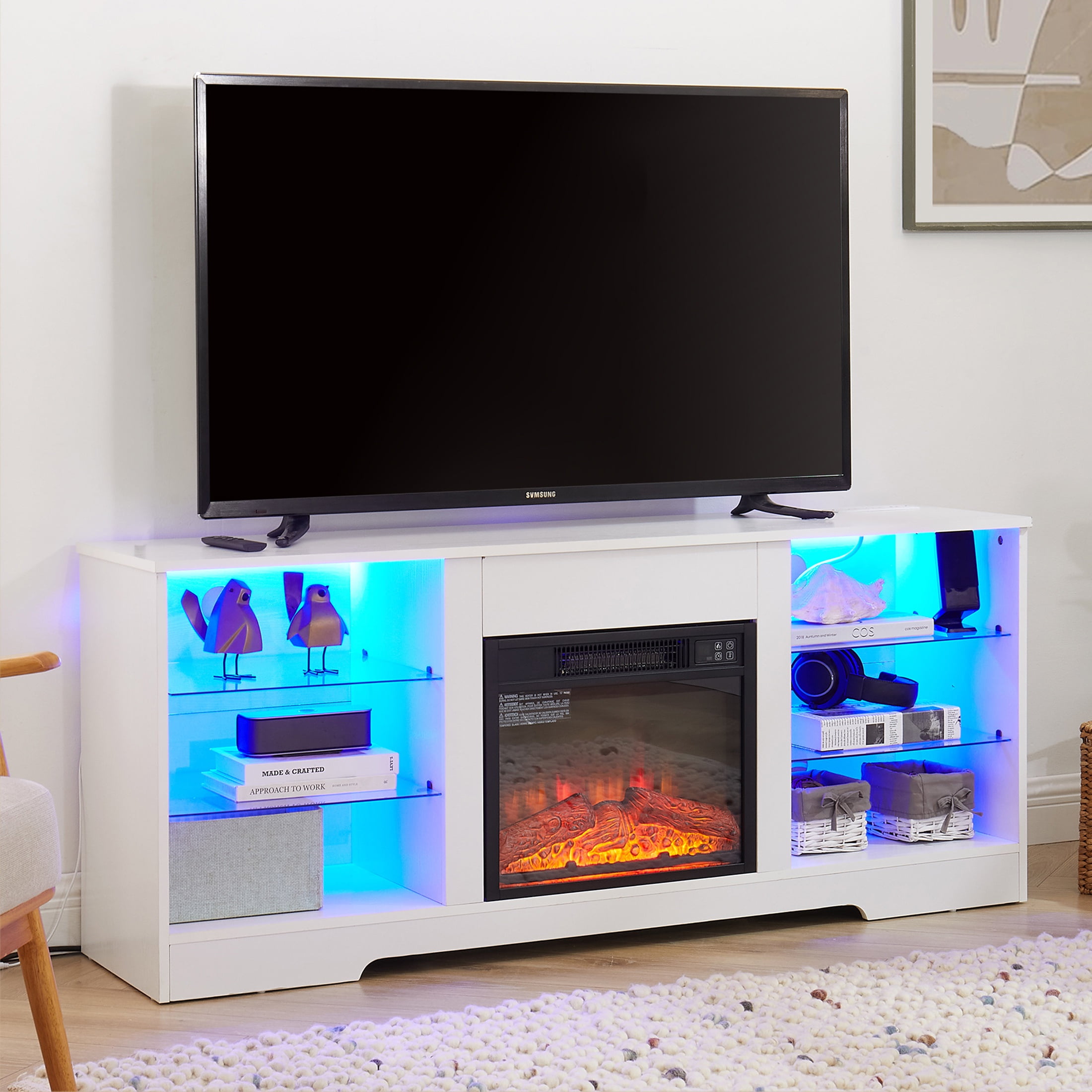 Fireplace TV Stand with 18" Fireplace for TVs up to 65 inches, UHOMEPRO Modern TV Stand ...