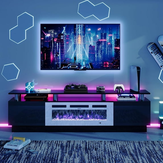 Fireplace TV Stand with 36” Electric Fireplace, 70” 2 Tier TV Console ...