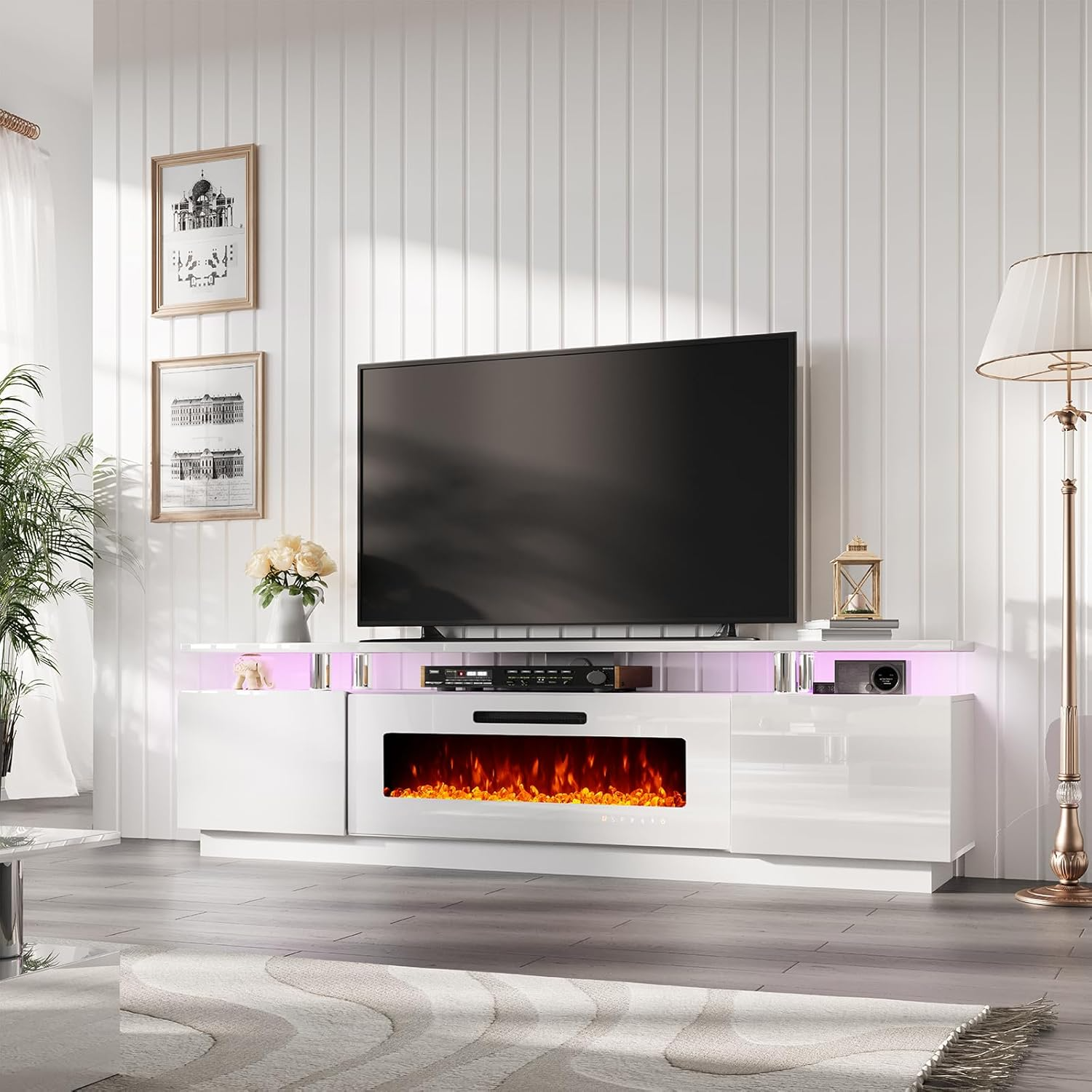 Fireplace TV Stand with 40" Fireplace 80" Modern High Gloss Fireplace Entertainment Center LED ...