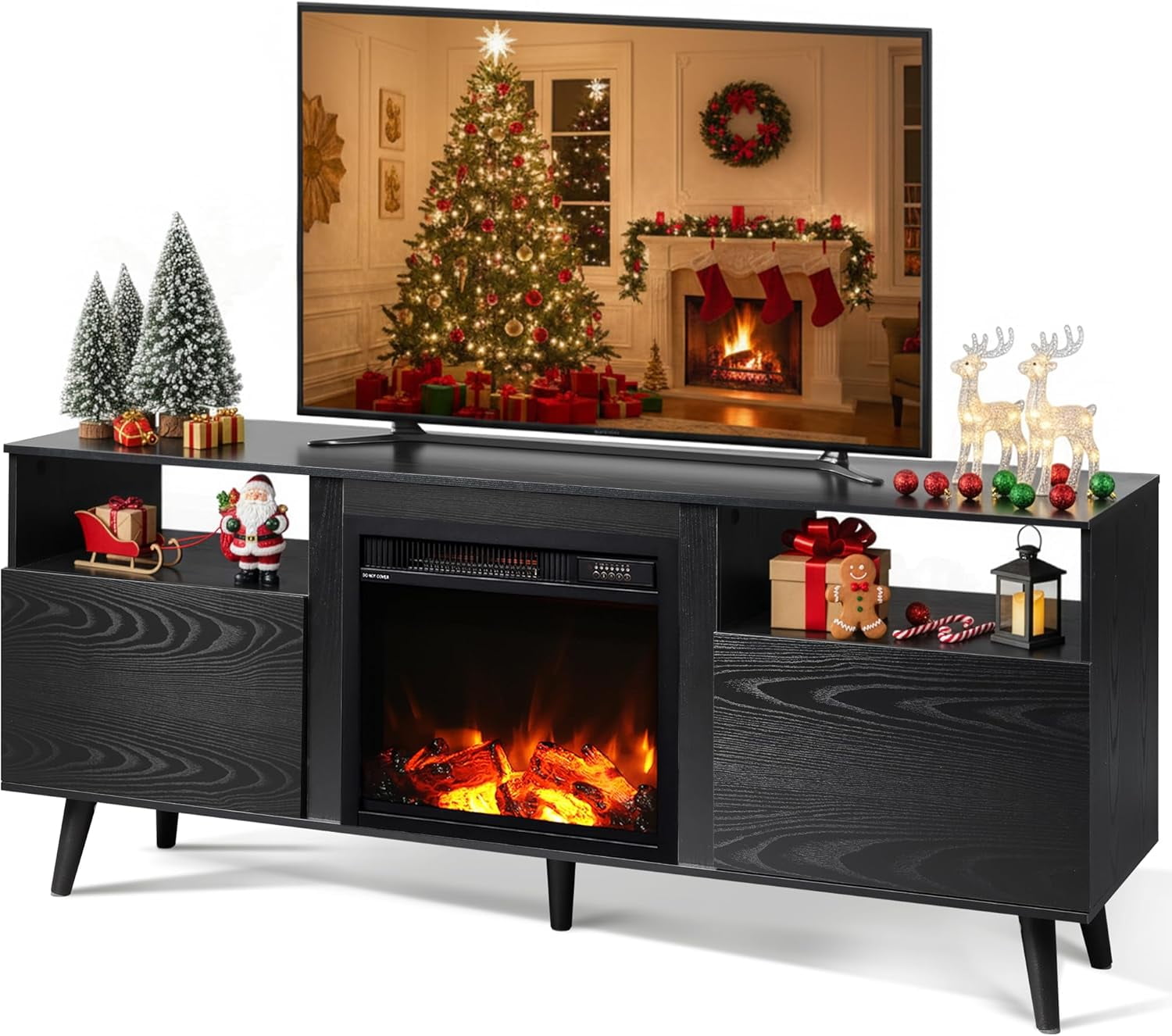Fireplace TV Stand for 55 65 Inch TV, Mid-Century Entertainment Center ...