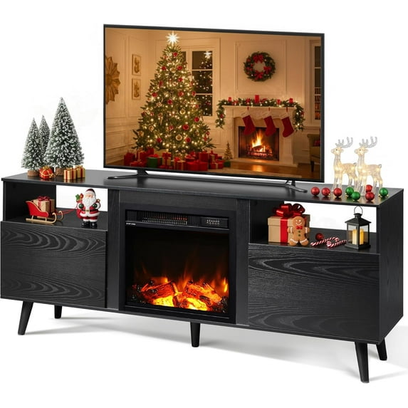 Fireplace TV Stand for 55 65 Inch TV, Mid-Century Entertainment Center ...
