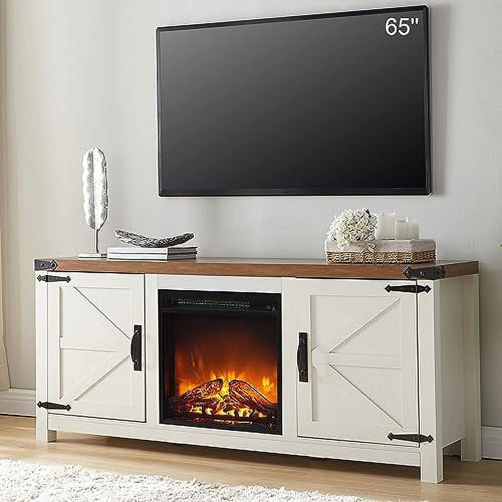 Fireplace TV Stand for 65 Inch TV, Farmhouse Barn Door Media Console, Entertainment Center with ...