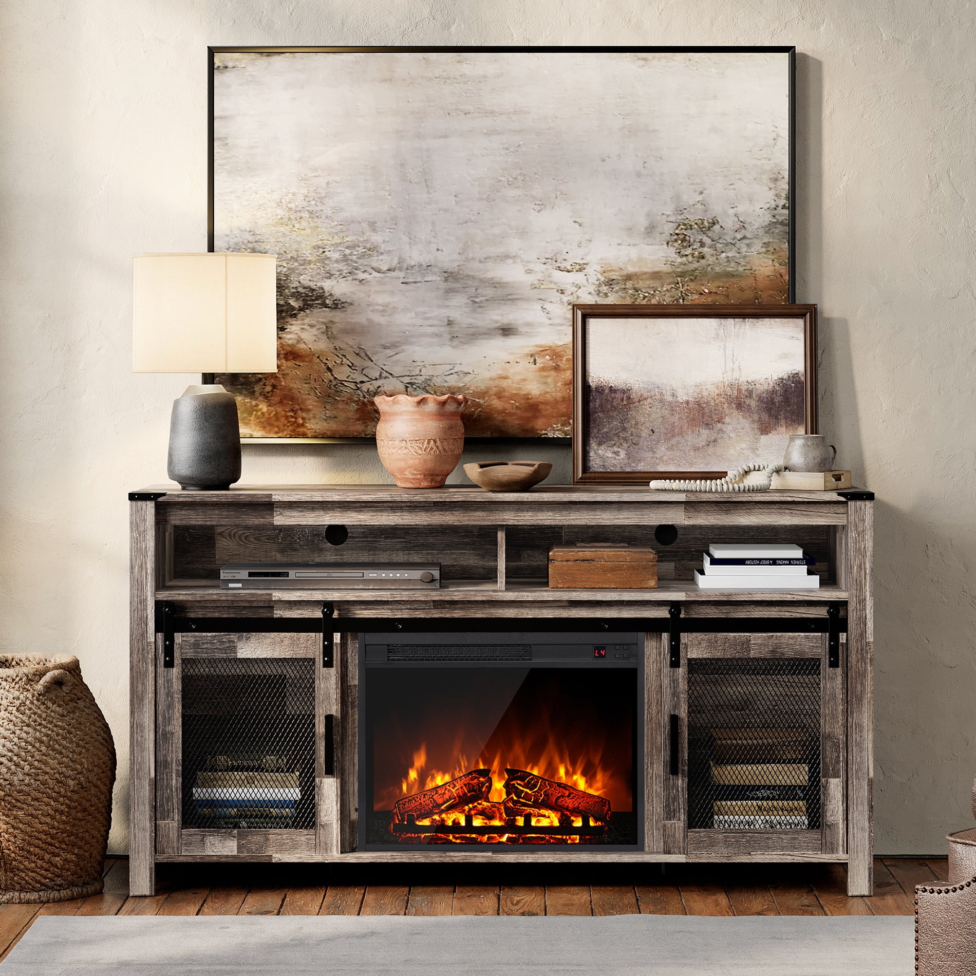 "Farmhouse Highboy Fireplace TV Stand, 65+ Inch, 23"" Electric ...
