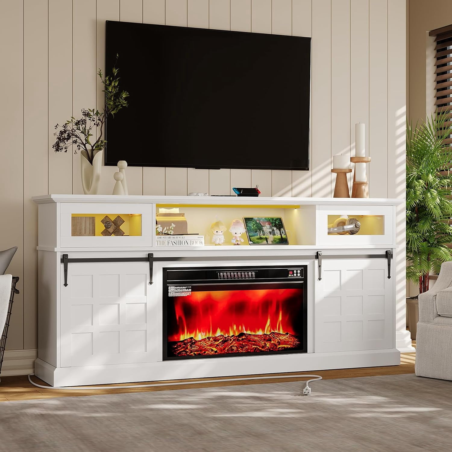Fireplace TV Stand for 80 Inch TVs with LED Lights & Power Outlets ...