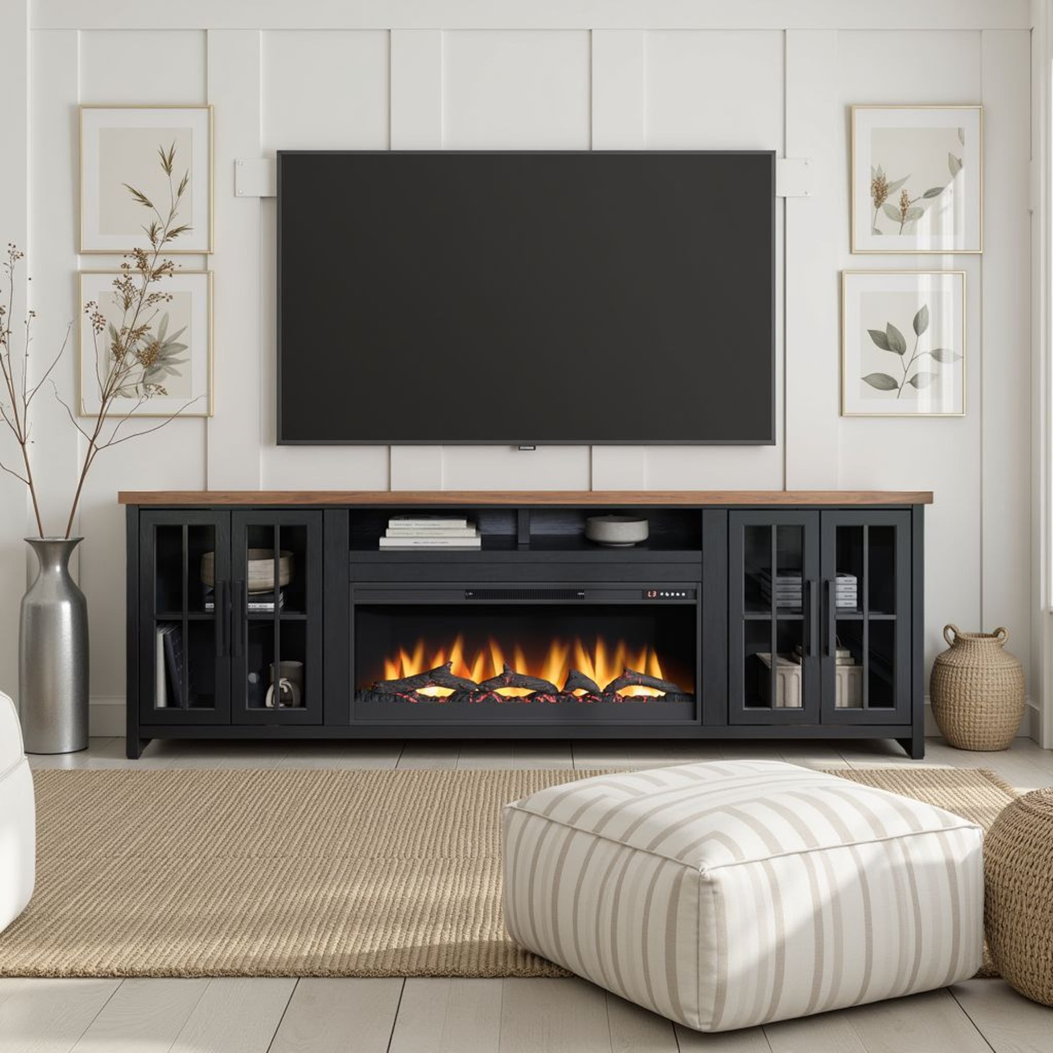 Fireplace TV Stand 97 Inch, Modern Farmhouse Black & Whiskey Finish ...