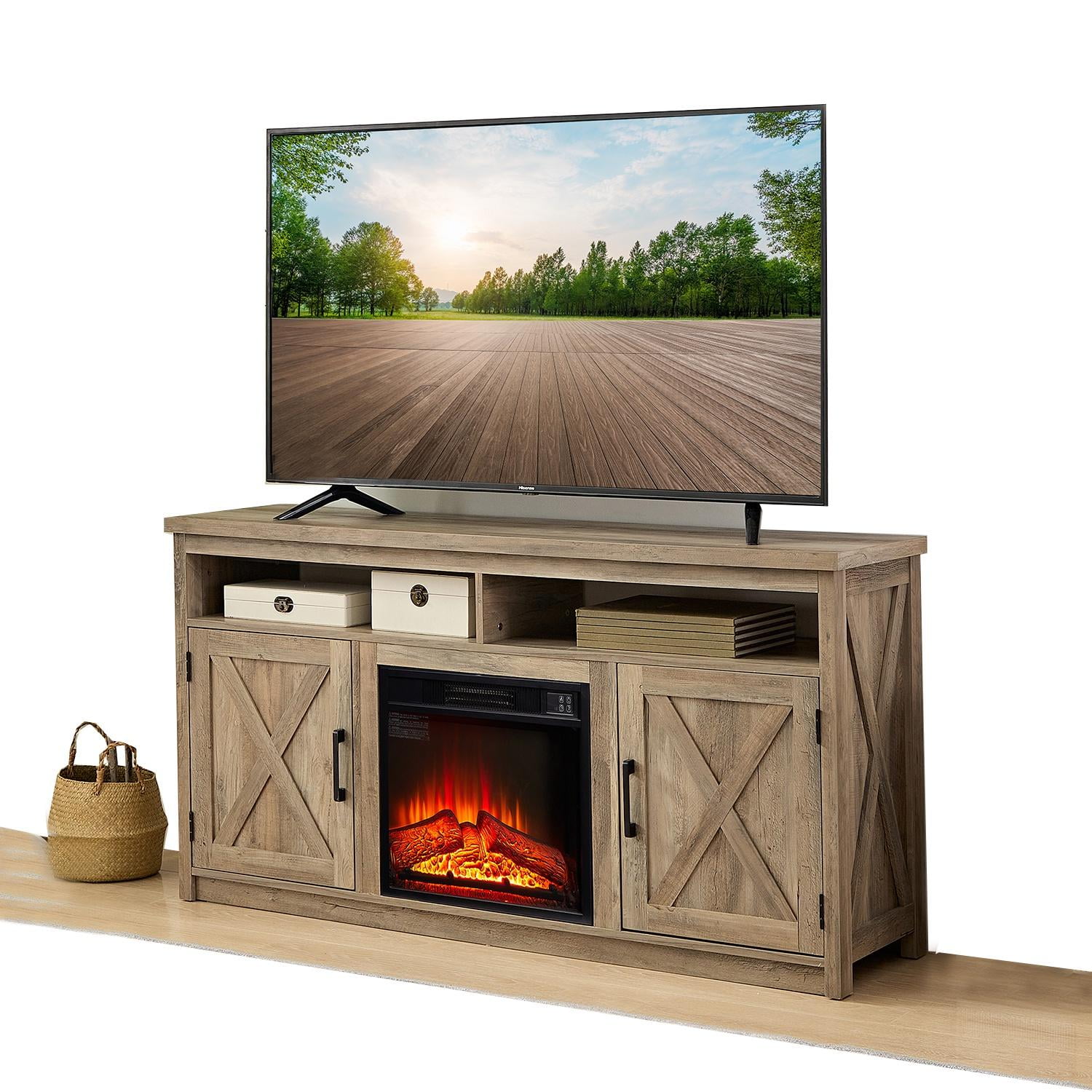 "Farmhouse Fireplace TV Stand for 65"" TVs, Electric Heater Center, 62 ...