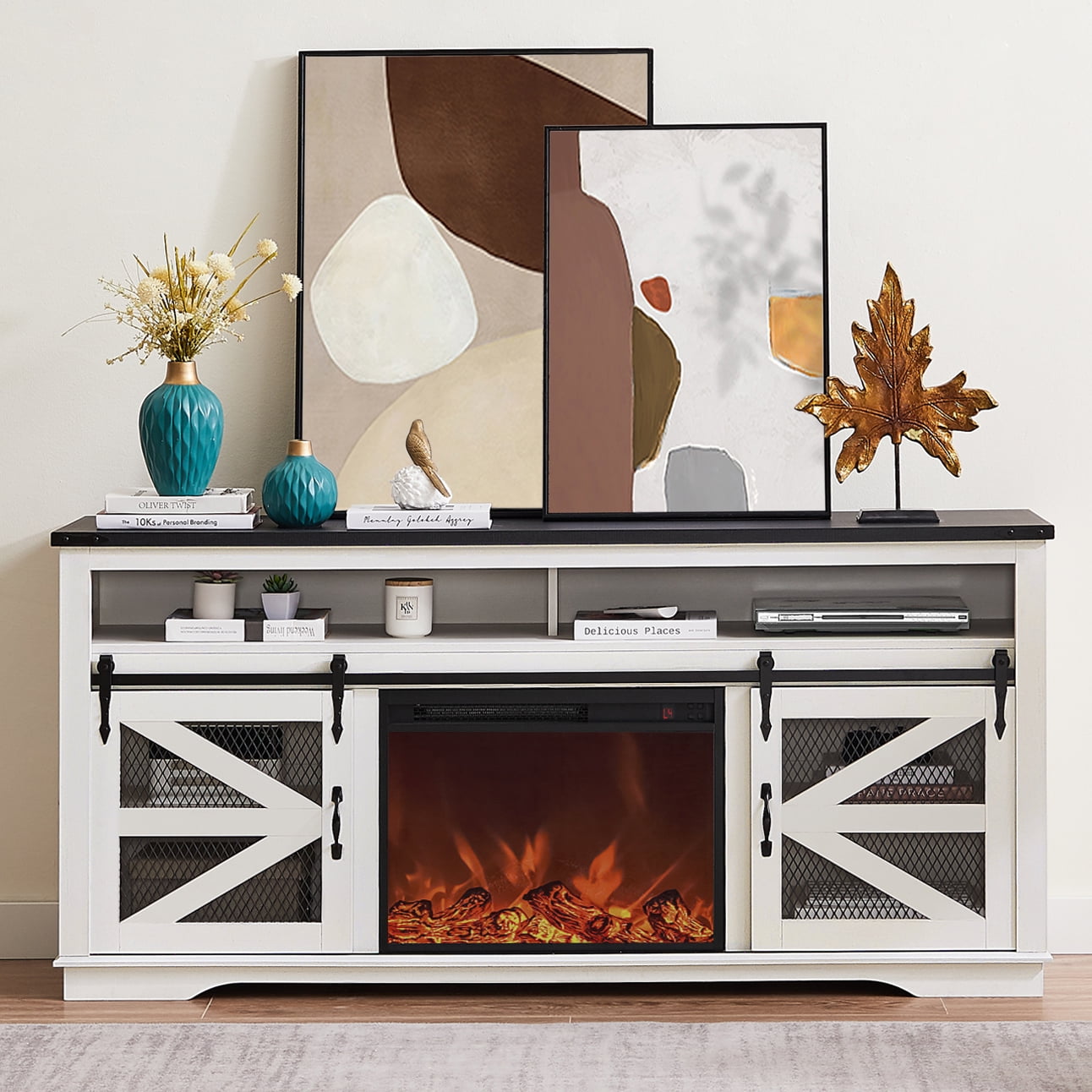 "Farmhouse Fireplace TV Stand for 75 Inch TV, 65"" Entertainment Center ...