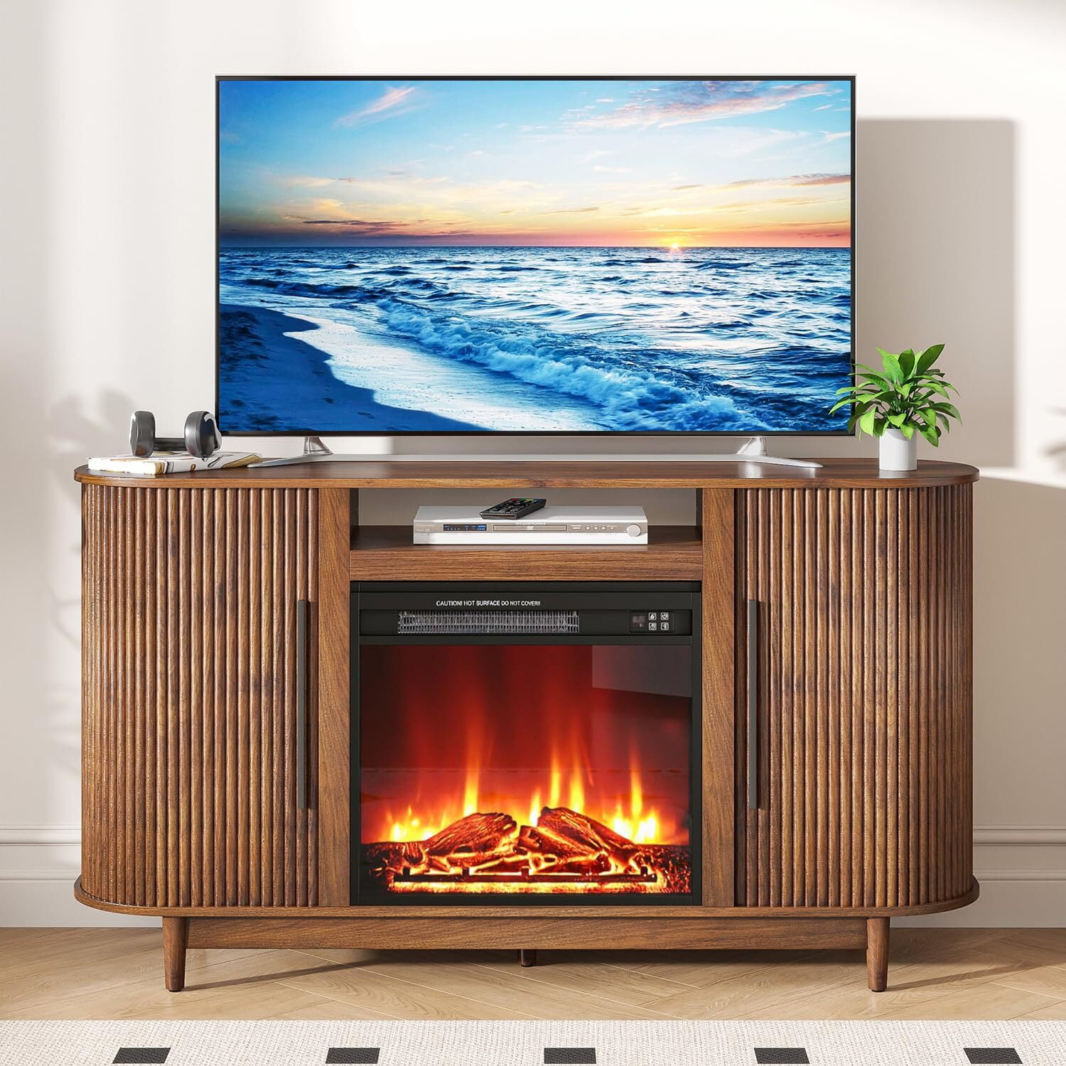 Fireplace TV Stand, Fluted Media Console with Tambour Doors for TVs up ...