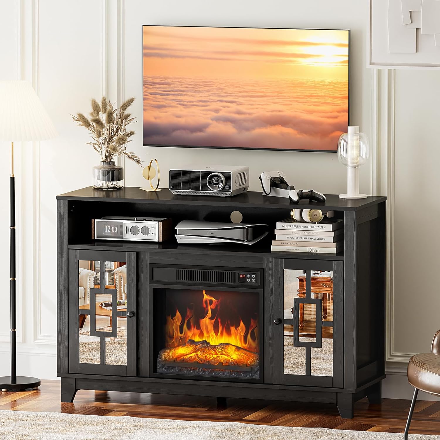 Fireplace TV Stand for TVs up to 60'', Mirrored Media Entertainment Center Console Table with 18 ...
