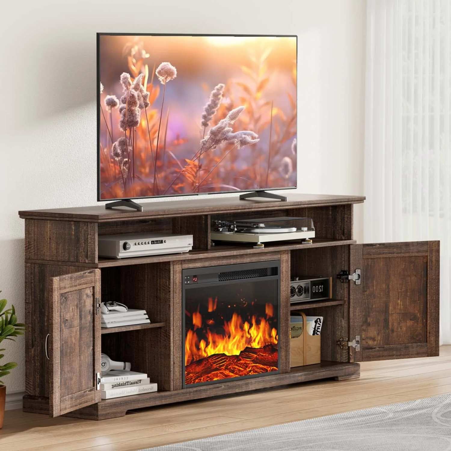 70 inch Fireplace TV Stand with Adjustable Shelves for Living Room ...