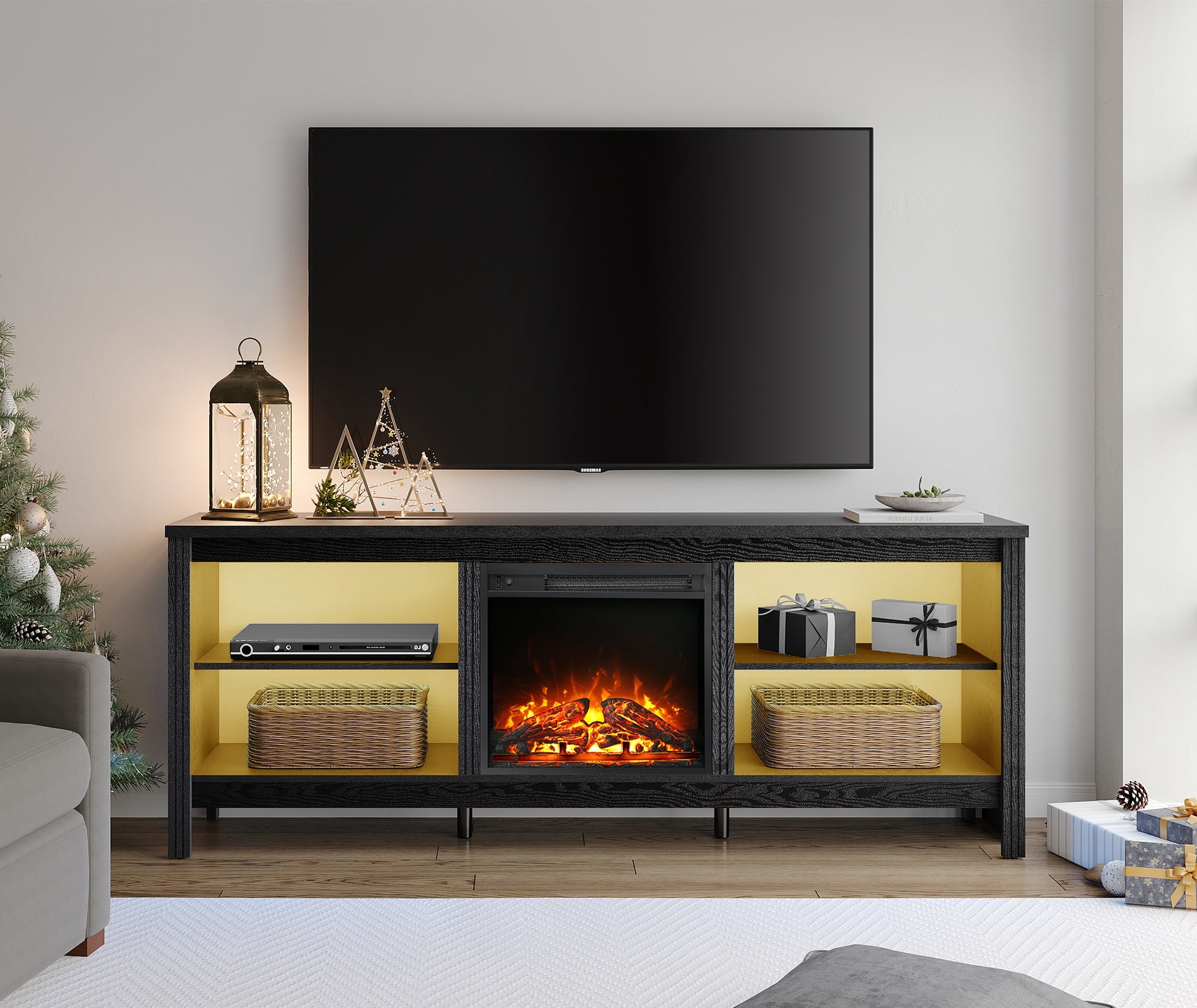 FITUEYES LED Black Wood Fireplace TV Stand for 75 80 inch TV Entertainment Center with 4 Storage for Living Room Bedroom