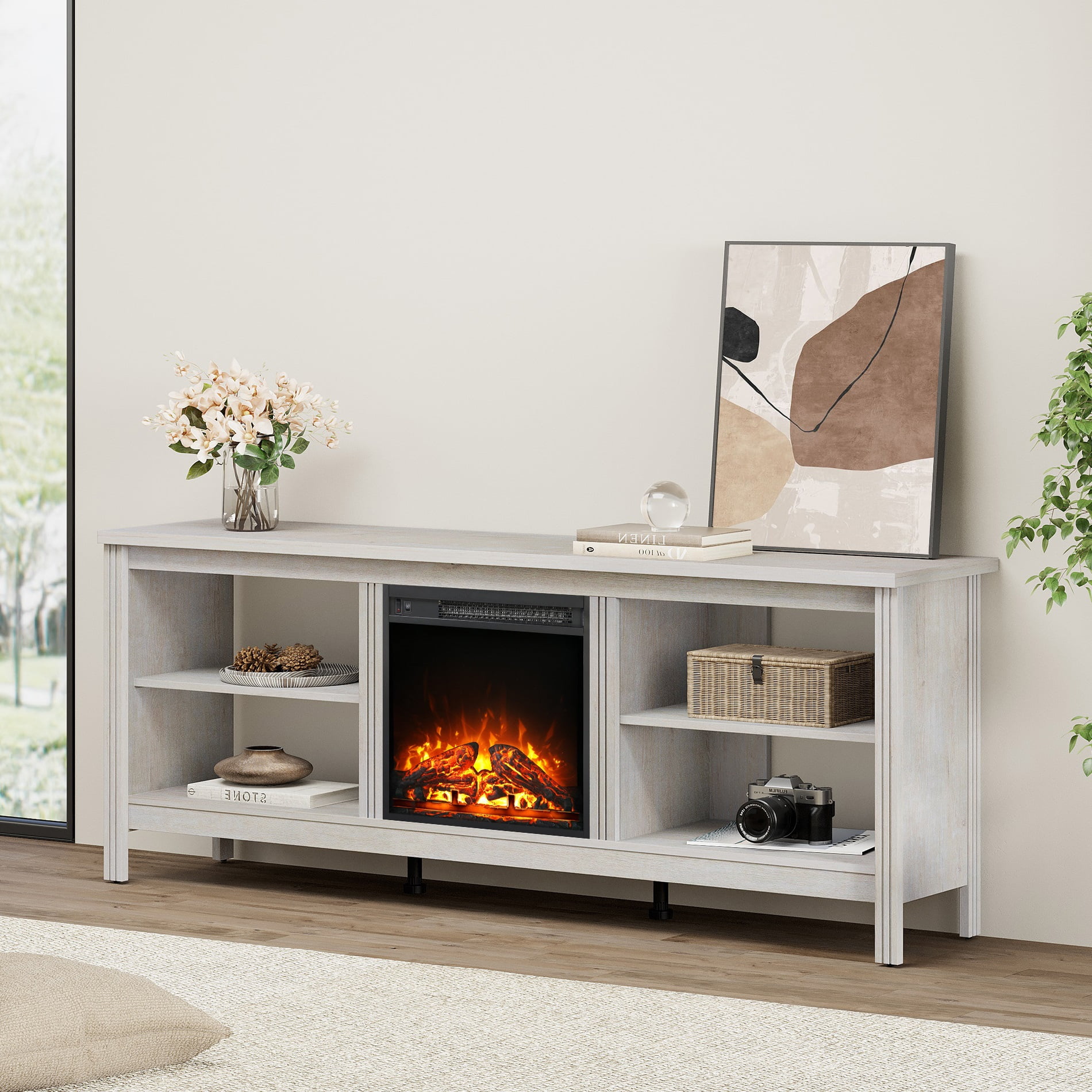 FITUEYES Fireplace TV Stand for 75 80 inch TV White Entertainment Center with Electric Fireplace and 4 Storage Cabinets for Living Room Bedroom
