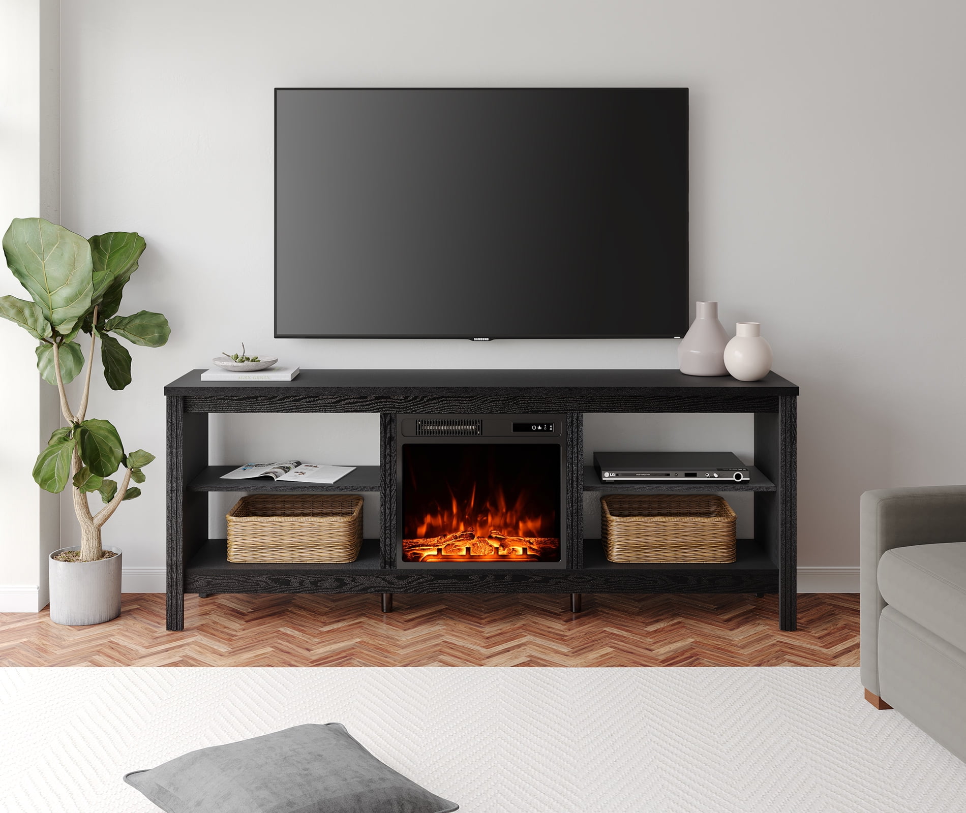 Fireplace TV Stand for TV's up to 80 Inch, Black Entertainment Center ...