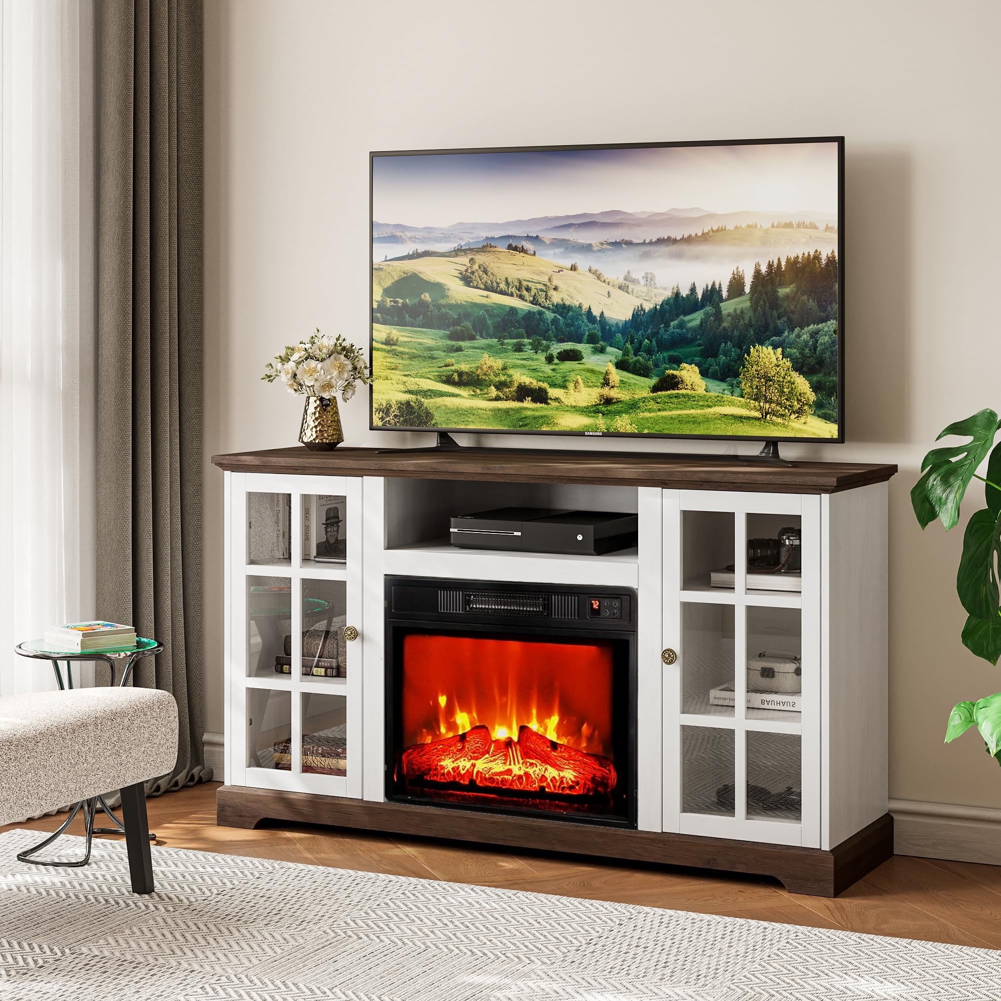 Furpezoo 65" TV Stand with 23" Electric Fireplace, Modern Farmhouse ...