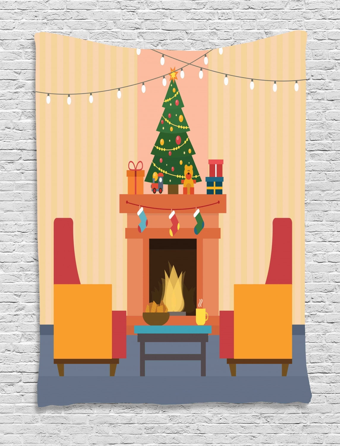 Fireplace Tapestry, Christmas Themed Cartoonish Interior Design with ...