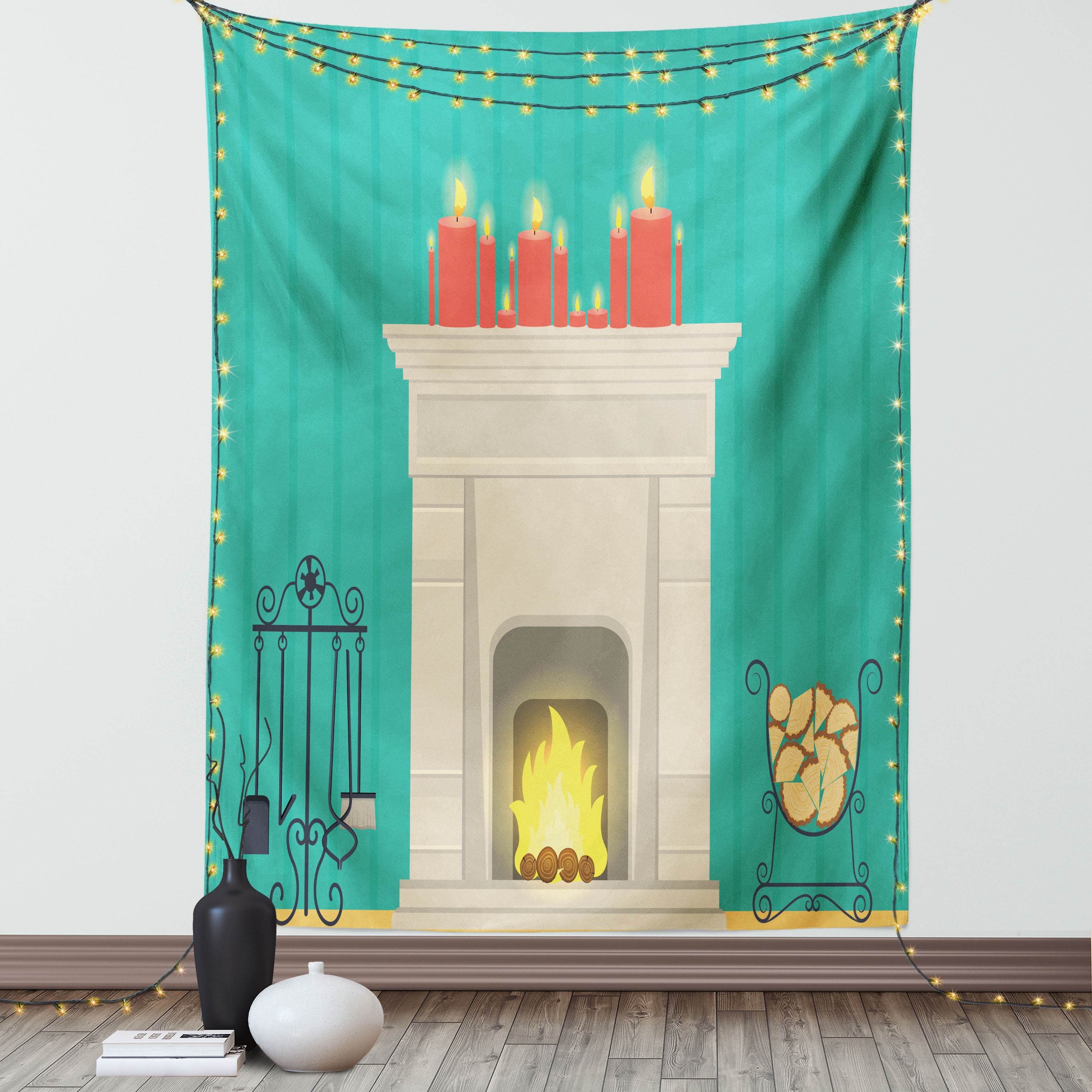 Fireplace Tapestry, Simplistic Classic Look Interior Illustration with ...