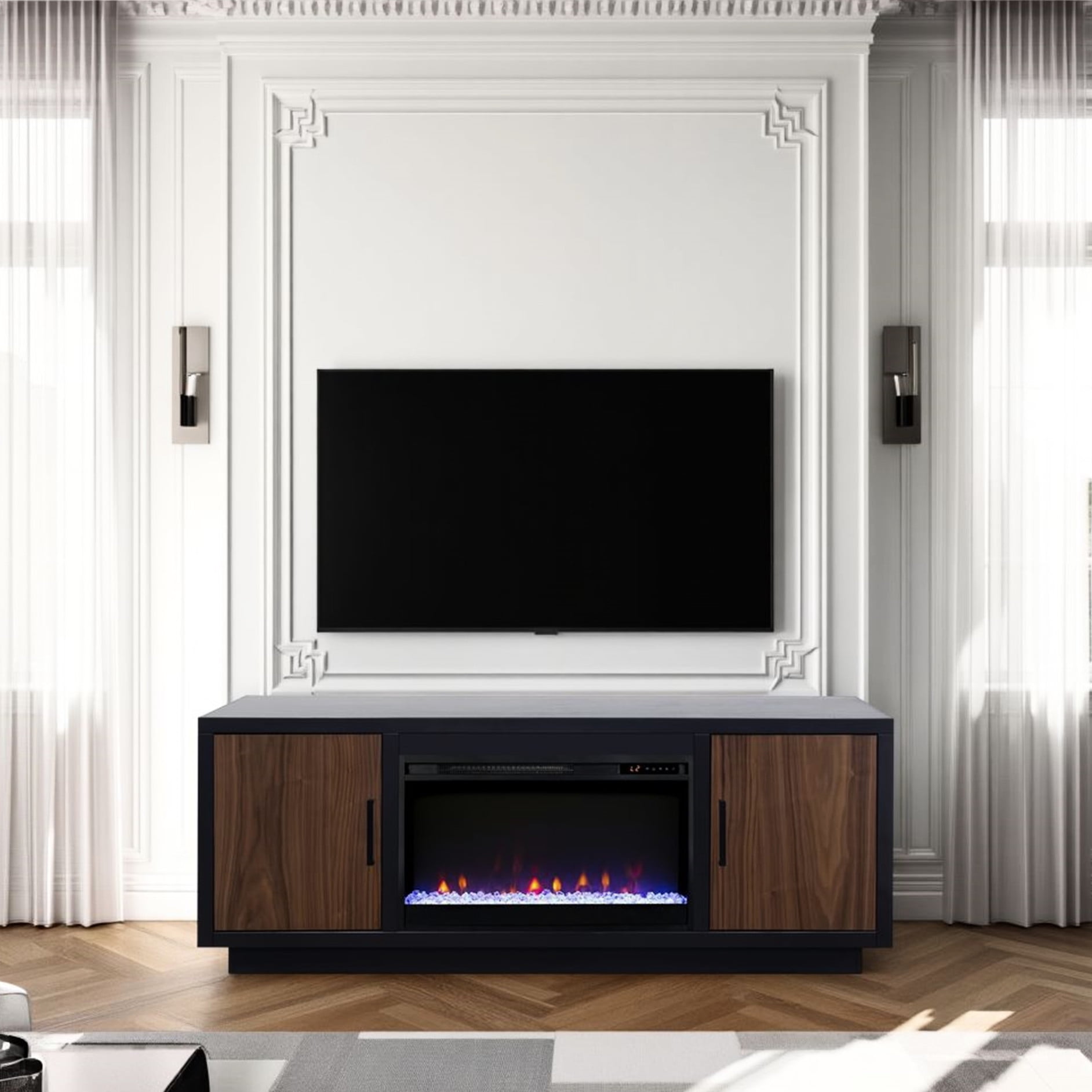 Fireplace Tv Cabinet 66", Black And Walnut, Up To 80 Inch Tvs, Cable ...