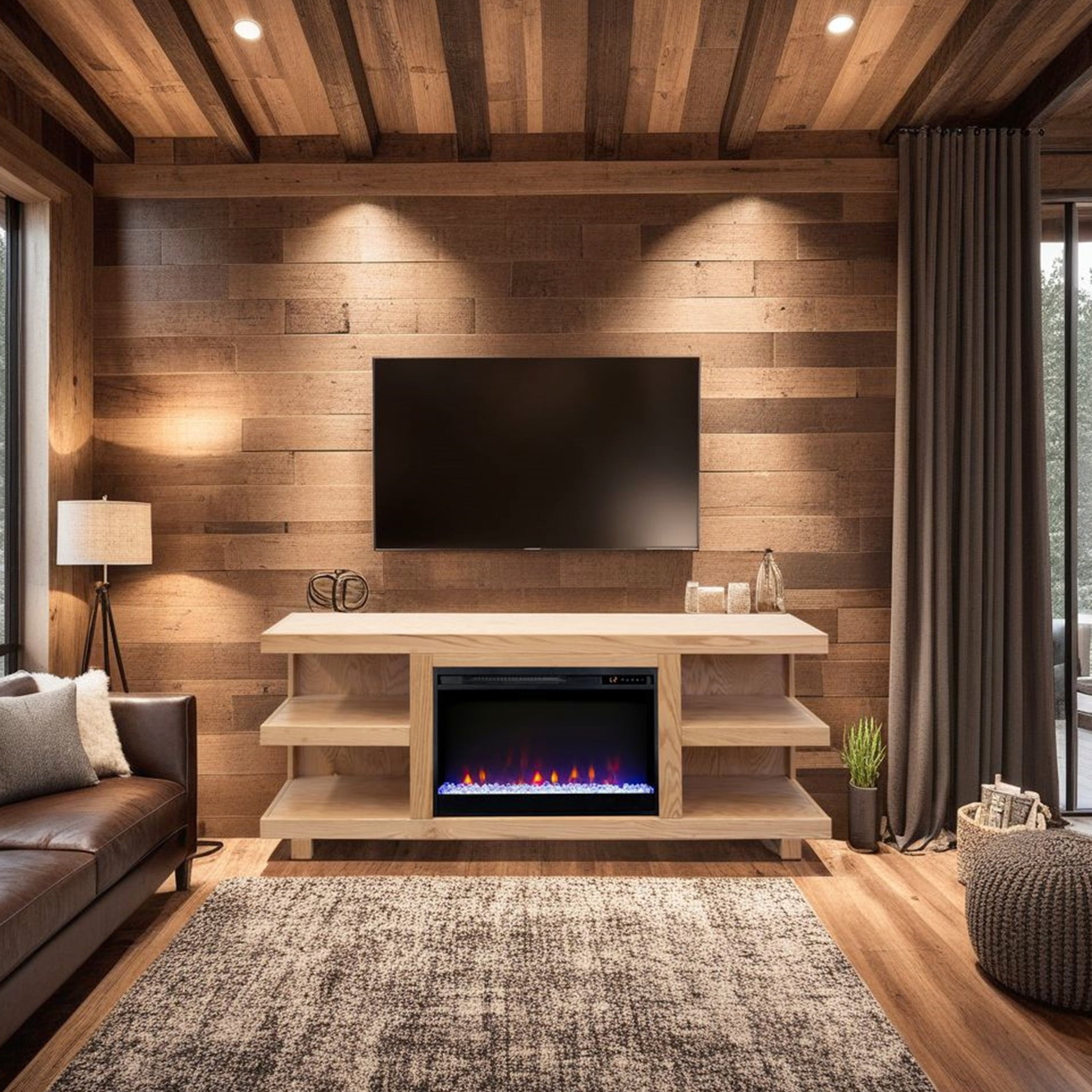 Fireplace Tv Console, 65 Inch, Up To 75" Tv, Natural Wood, Concealed ...