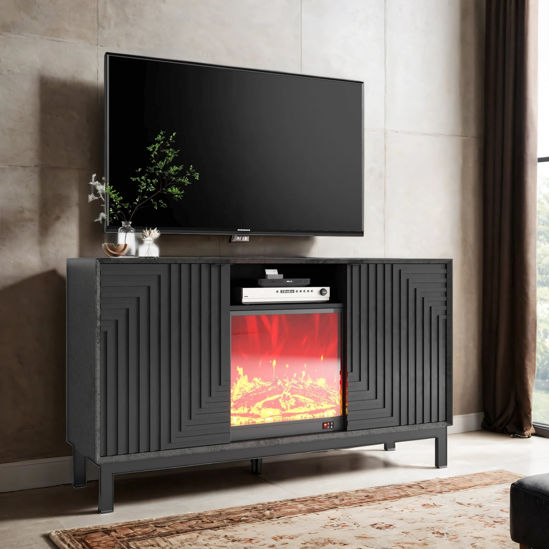 Fireplace Tv Stand 18" Electric Fireplace, Mid Century Modern, Drawer ...