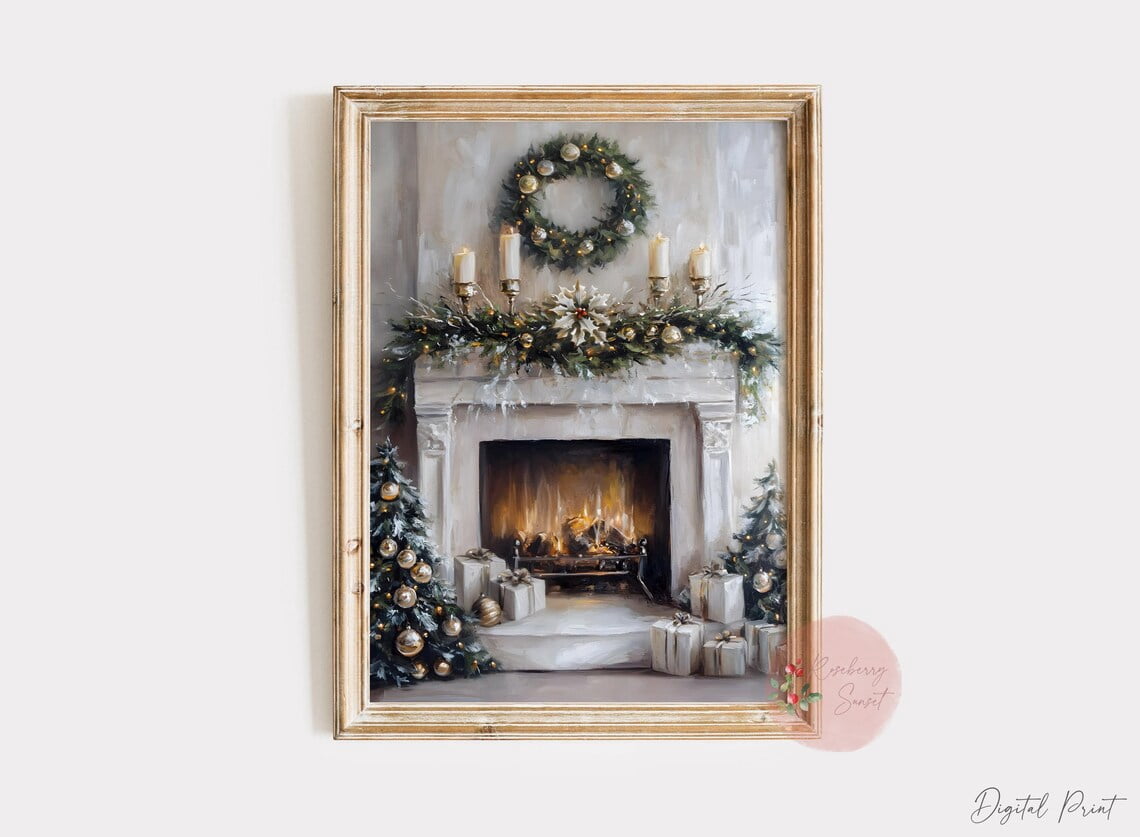 Fireplace Vintage Painting Art Print, Festive White Cozy Fireplace ...