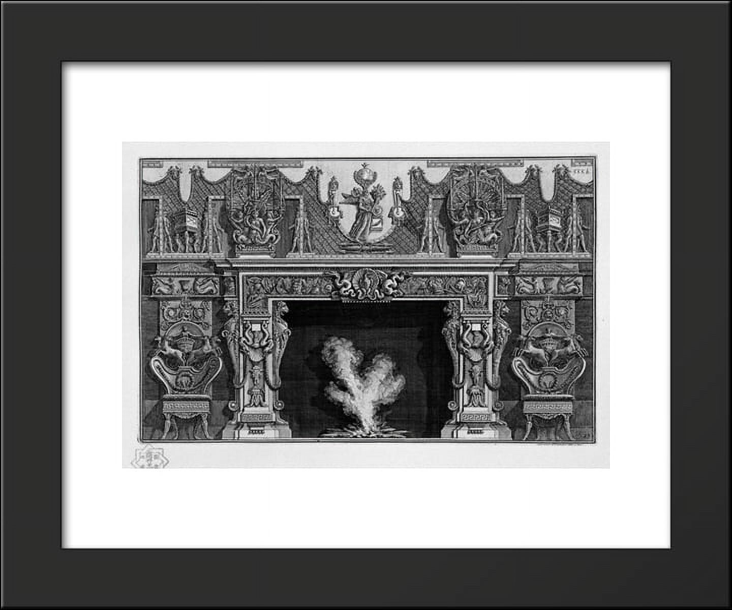 Fireplace with a frieze of armor; heron in a shell at the center ...