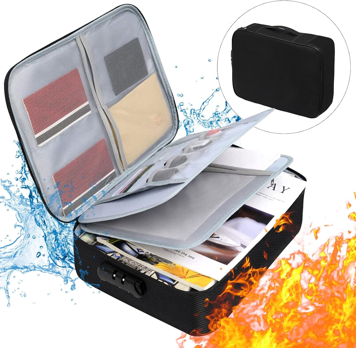 Fireproof 3-Layer Document Box, Waterproof Bag with Lock for Money ...