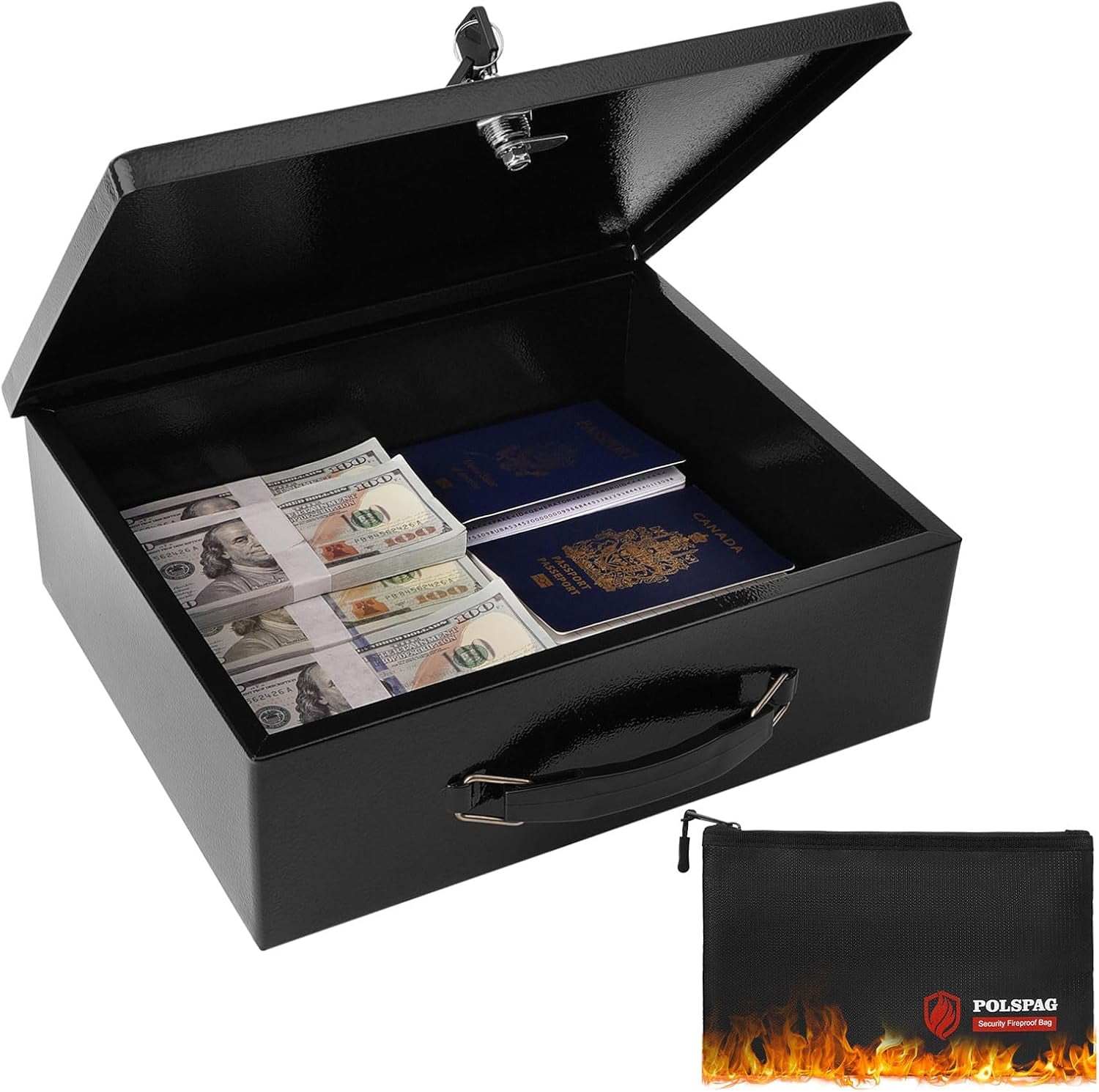 Fireproof Document Box with Key Lock & Fireproof Money Bag,Safe Storage ...