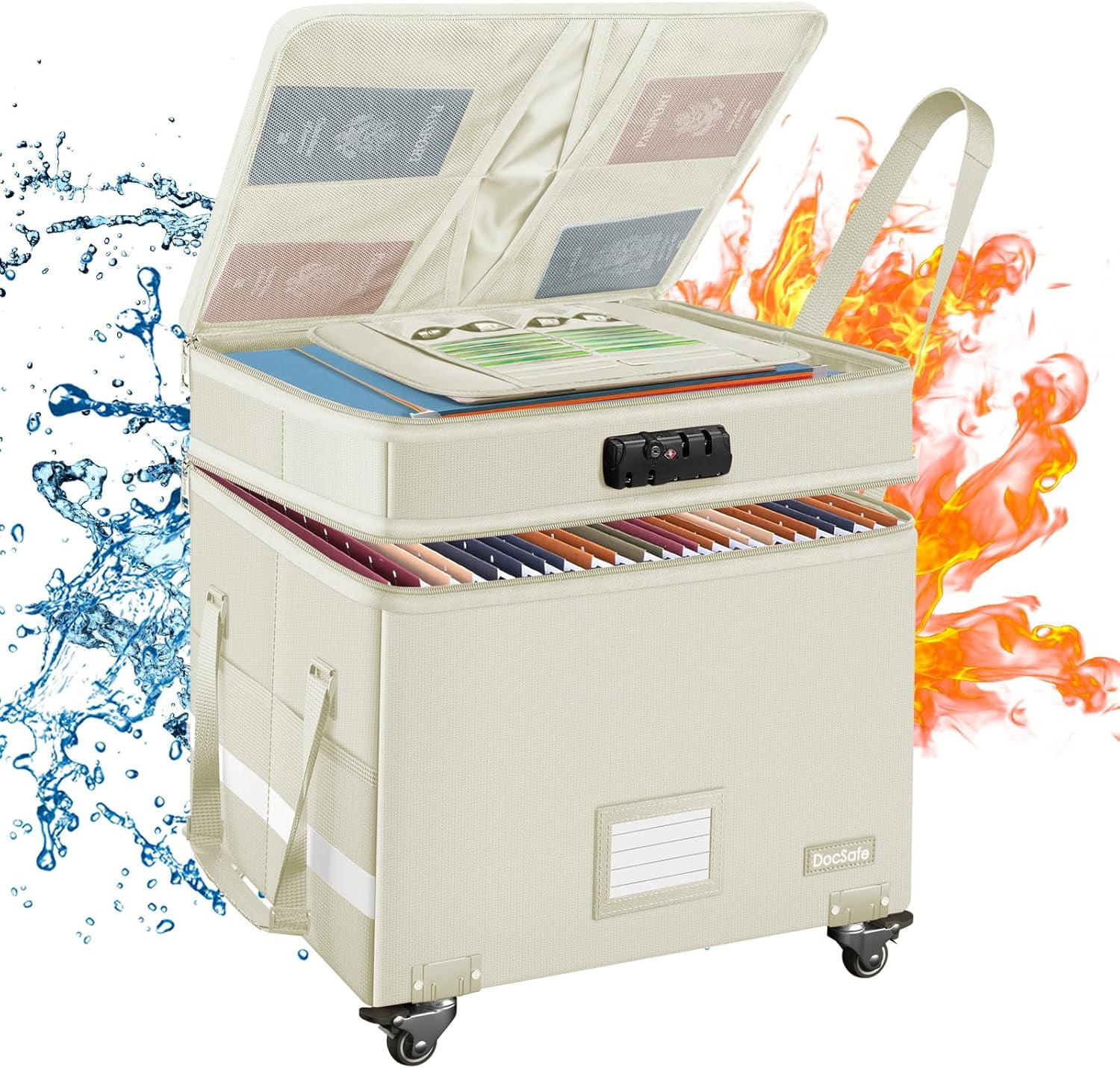 Fireproof Document Box with Lock, 2-Layer File Box with Wheels, Collapsible File Storage ...