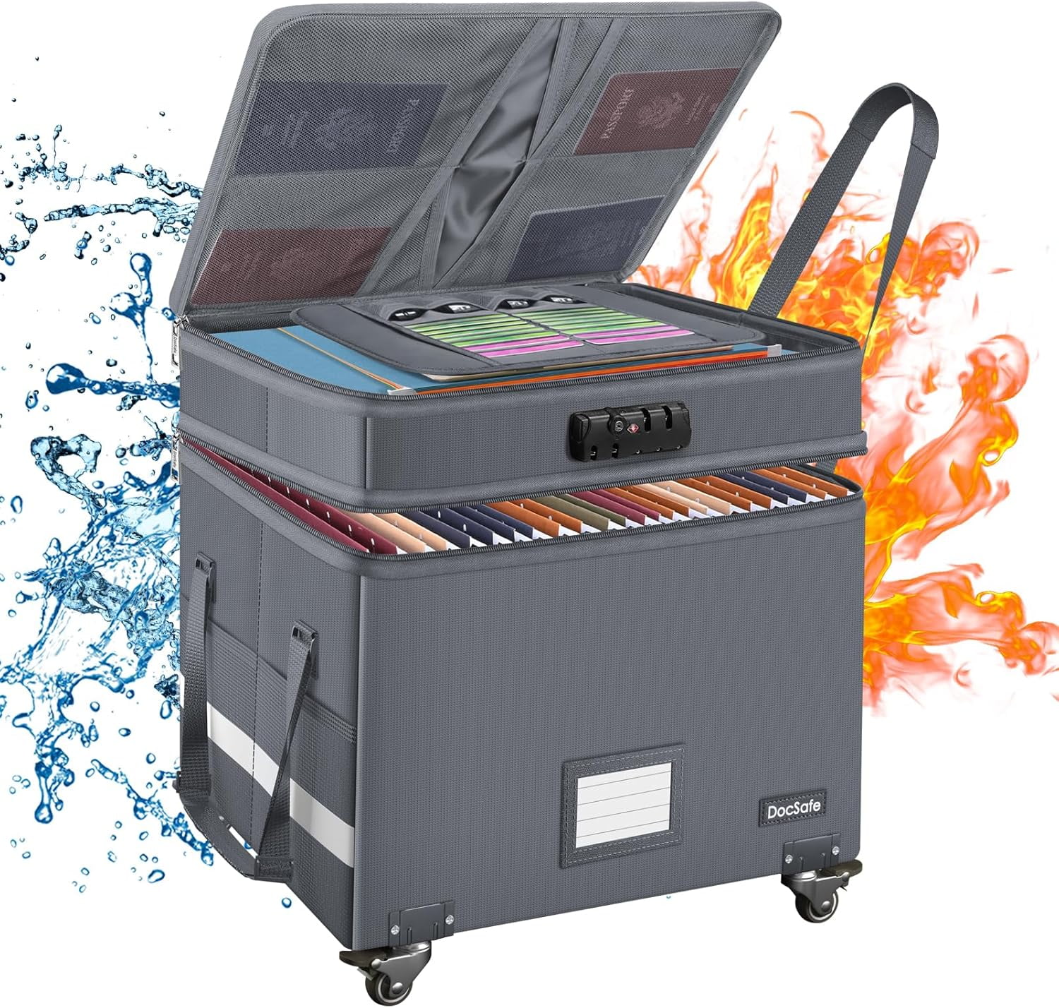 Fireproof Document Box with Lock, 2-Layer File Box with Wheels ...