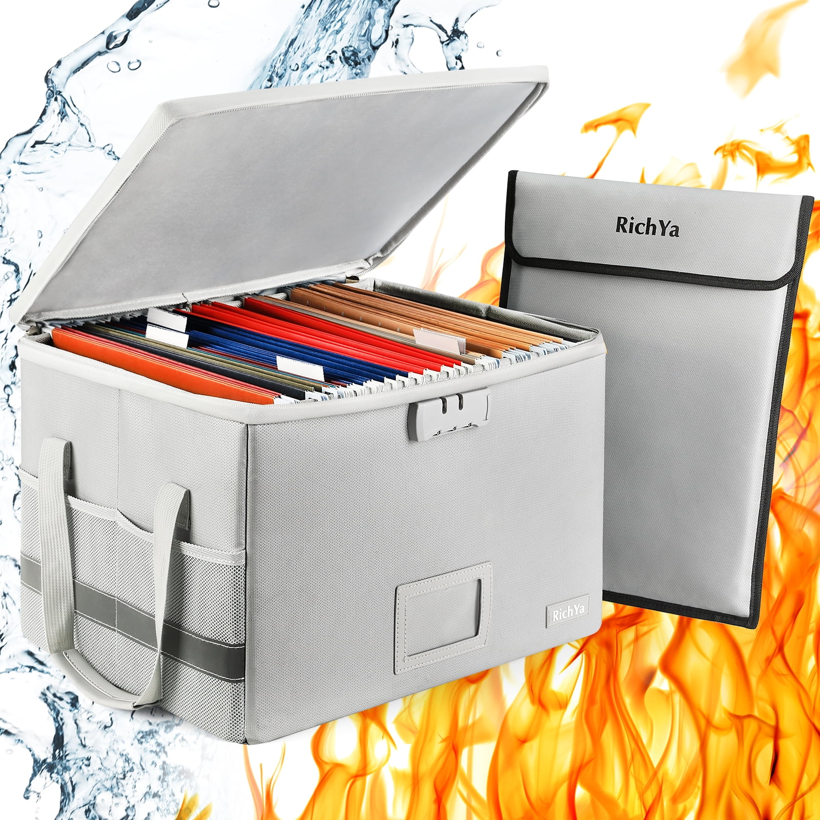 Fireproof Document Box with Lock, Foldable File Box, with Handles, Waterproof and Fireproof File ...