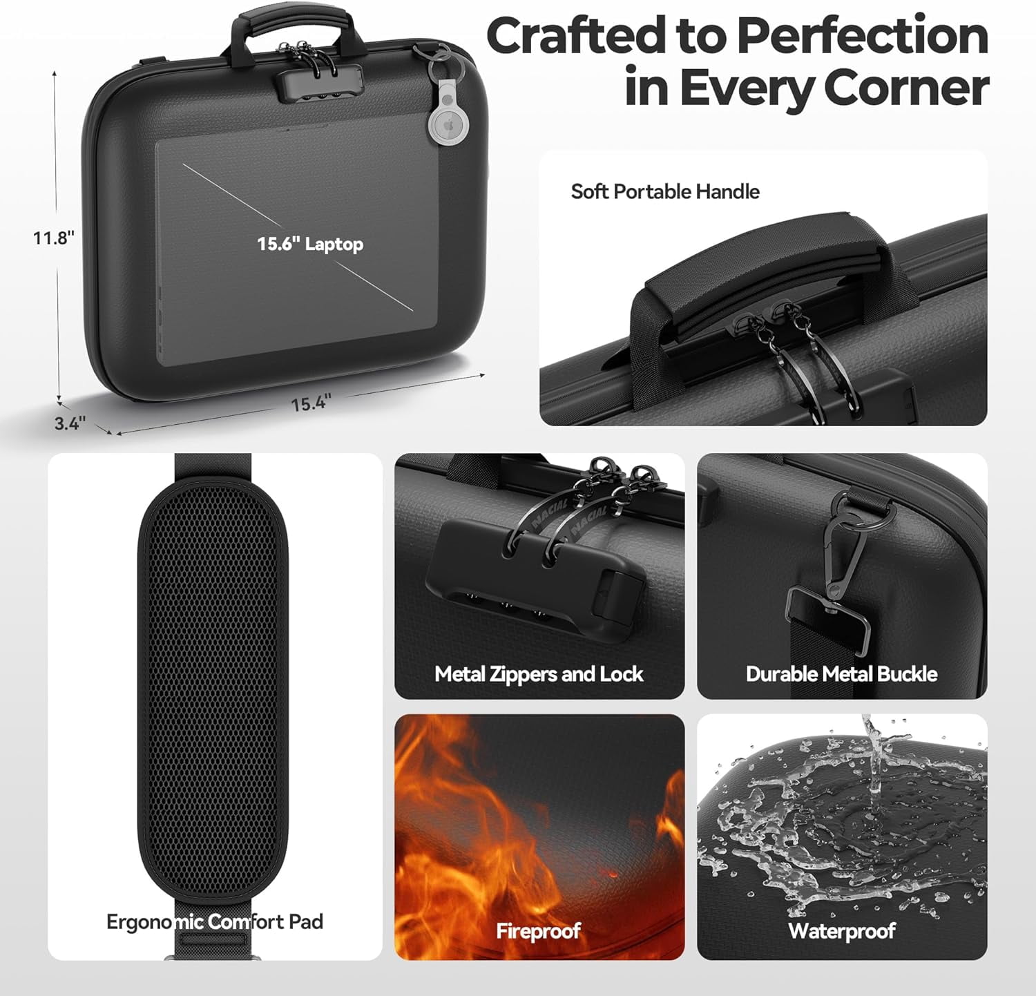 Fireproof Document Box with Lock & Shoulder Strap, Hard-Shell Fireproof ...
