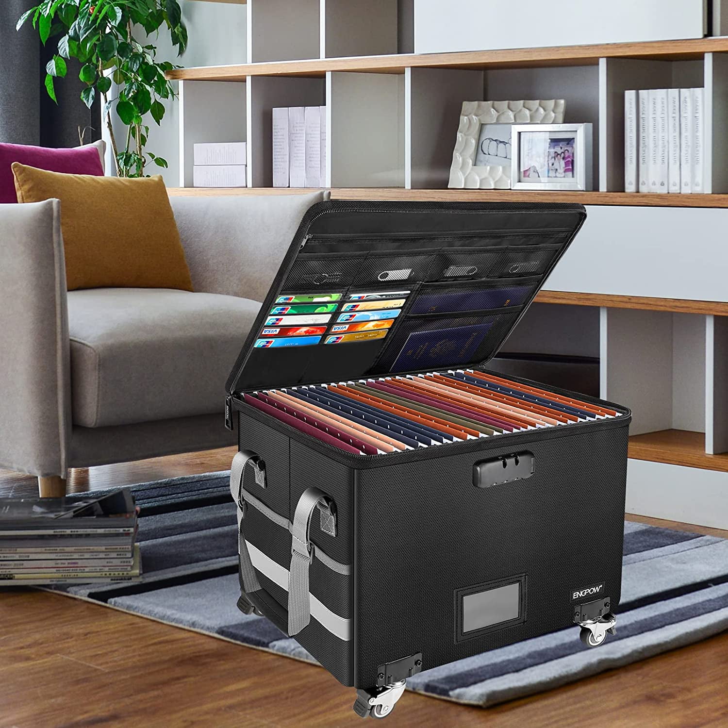 Fireproof Document Box with Wheels, Collapsible File Box with Lock ...