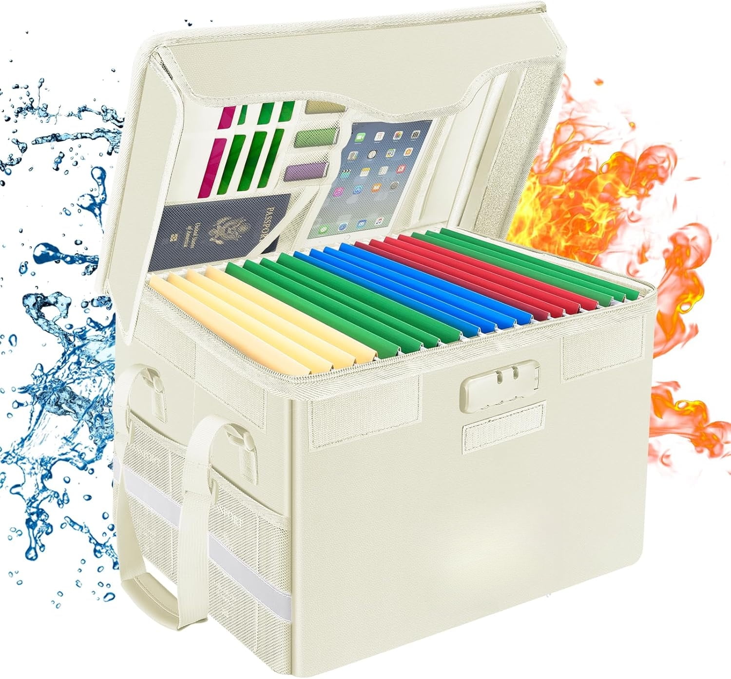 Fireproof File Box with Lock, Document Storage Organizer with Mesh Pocket, Foldable Portable ...