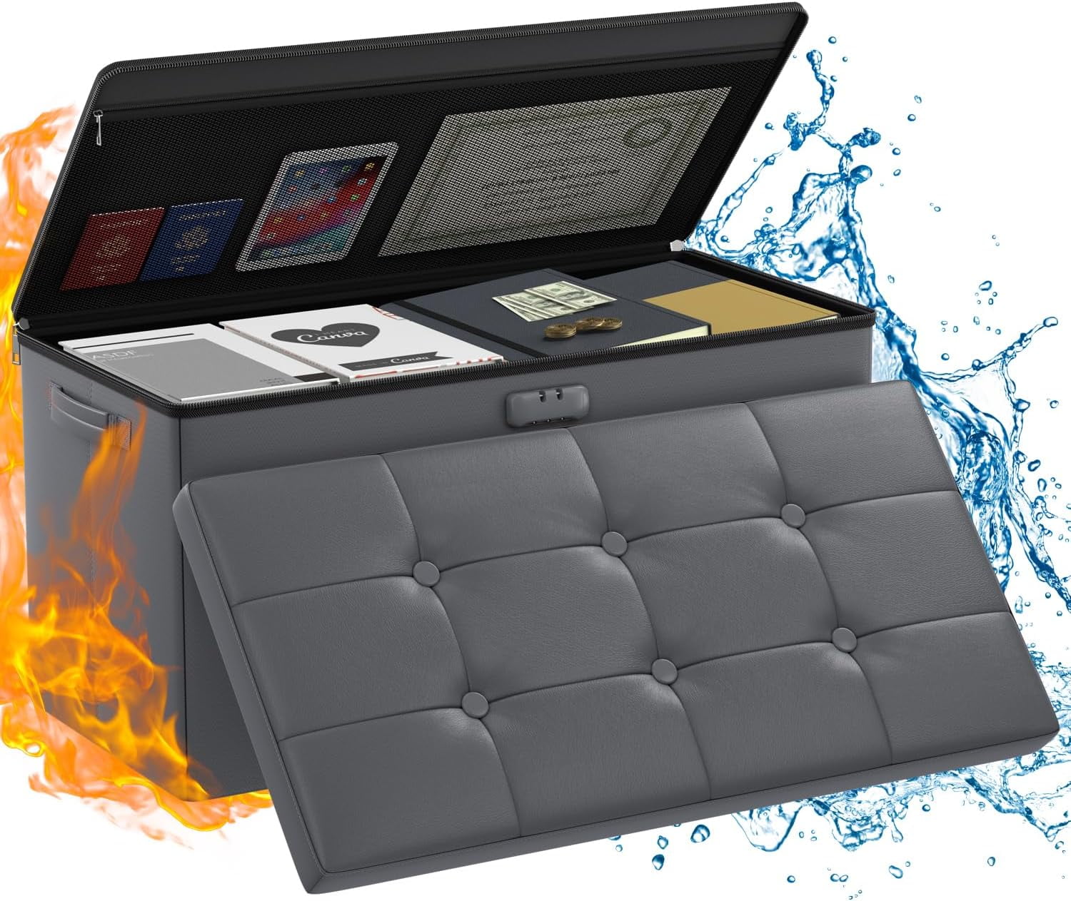 Fireproof Folding Storage Bench with Lock, Storage Ottoman Bench, 30 ...