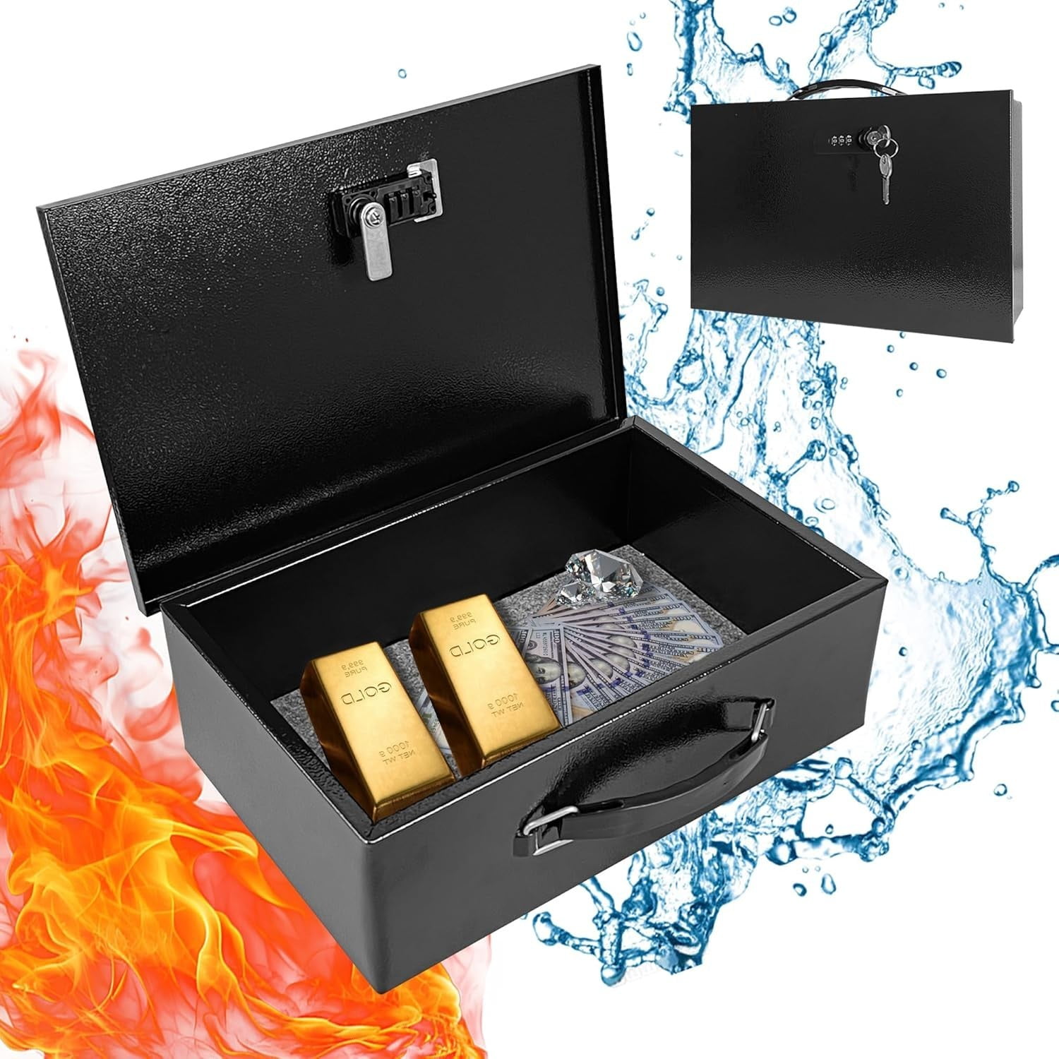 Fireproof Lock Box with Key&Combination Lock-Fire Safe Document Box ...