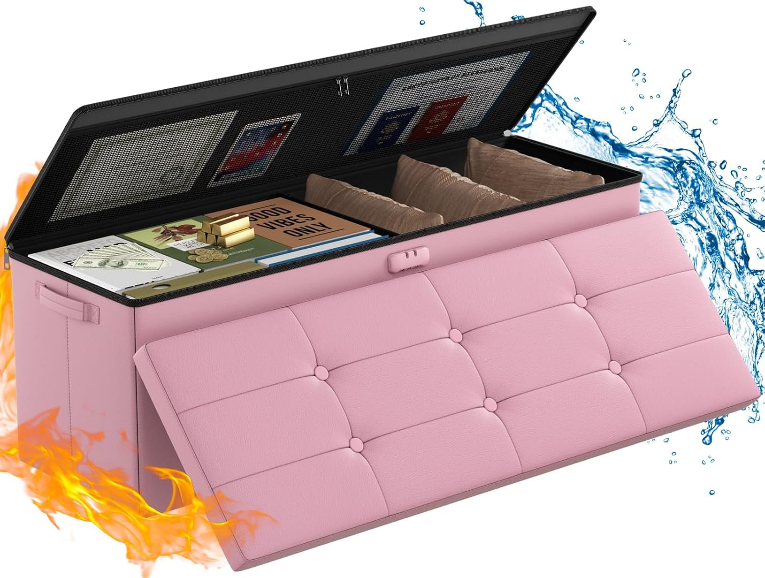 Fireproof Storage Ottoman, Folding Storage Bench with Lock (15"x 43"x15 ...