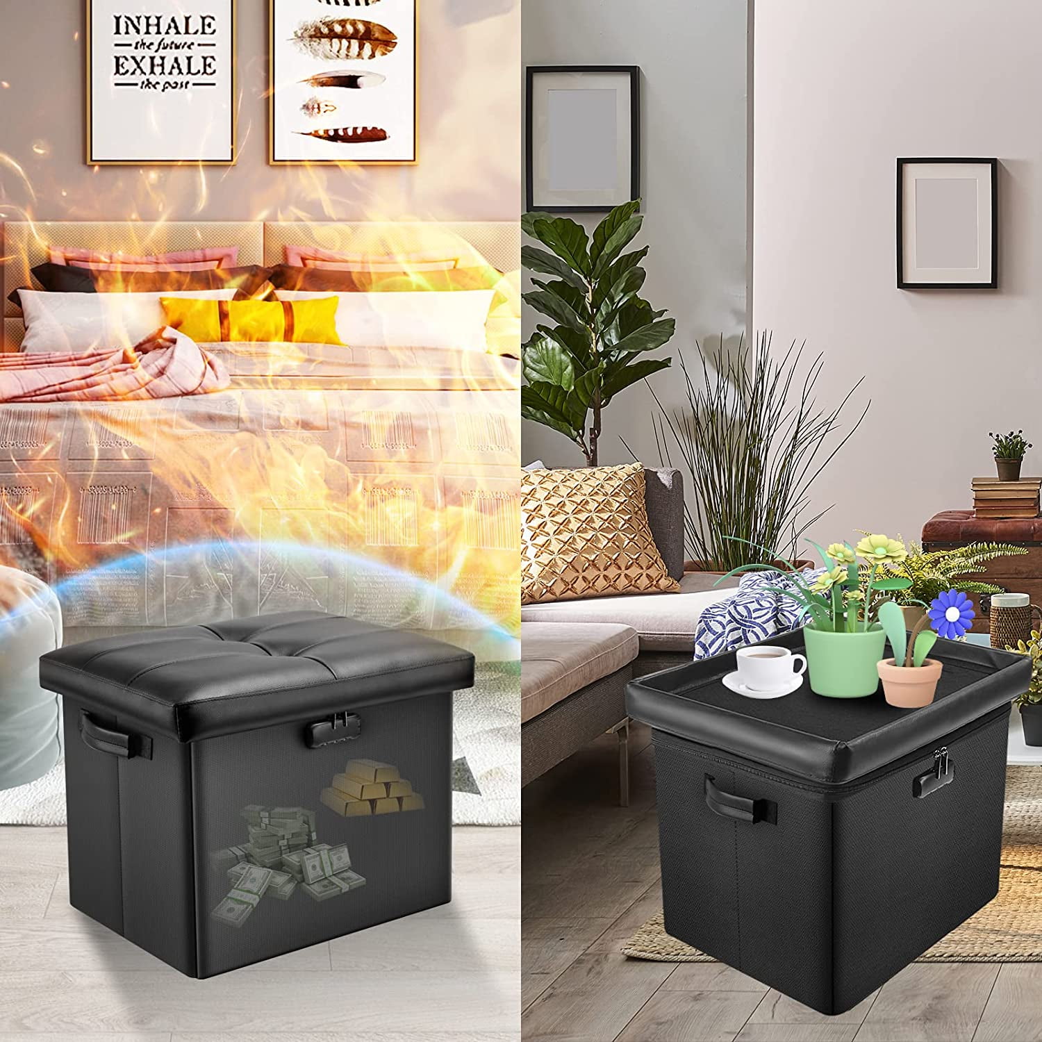 Fireproof Storage Ottoman with Lock, Waterproof 17" Short Stool for ...