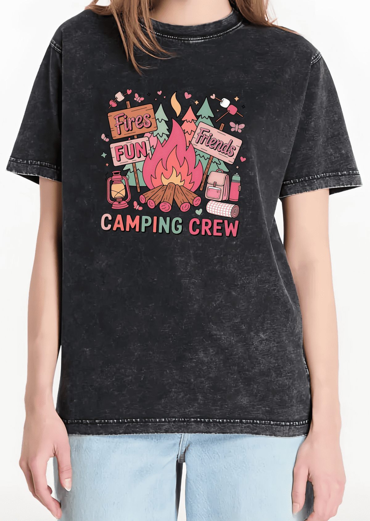 Fires Fun Friends Camping Crew Washed Black Print Tshirt Graphic Tees ...
