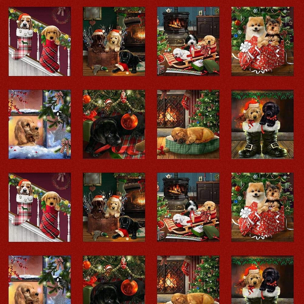 Fireside Pups Puppies Dogs Blocks Panel Under Christmas Tree Gifts 24 x ...