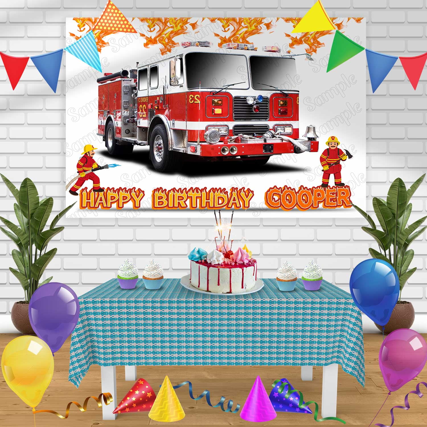 Firetruck Birthday Banner Personalized Party Backdrop Decoration 60 x ...