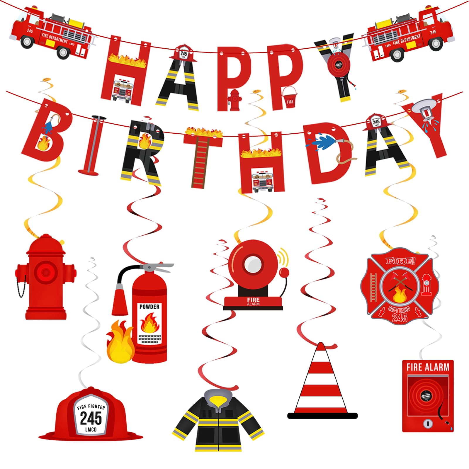 Firetruck Birthday Party Decoration Set - SMRHappy Birthday Banner ...