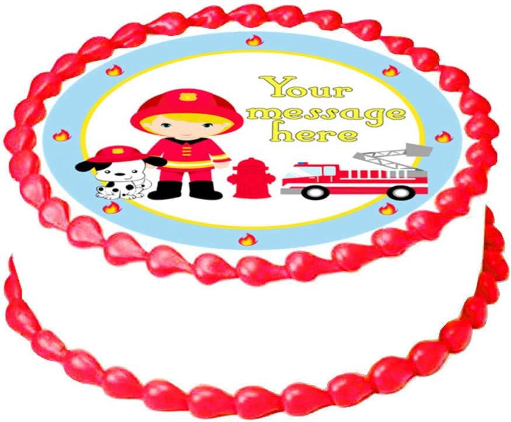 Firetruck Fireman 9.5" round Edible cake topper image Birthday Party ...