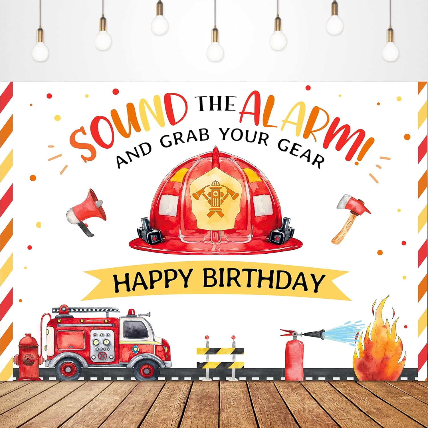 Firetruck Happy Birthday Backdrop Feet Red Yellow Sound The Alarm Fire ...