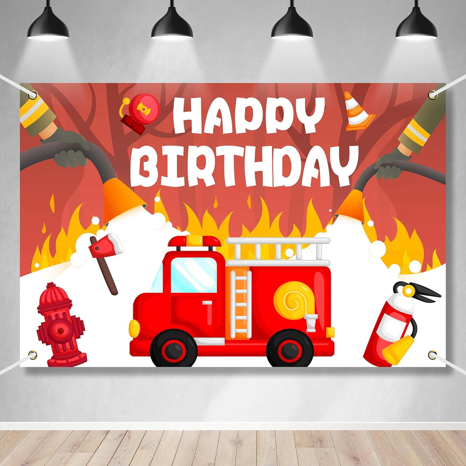 Firetruck Happy Birthday Banner Backdrop Red Firetruck Safety Equipment ...