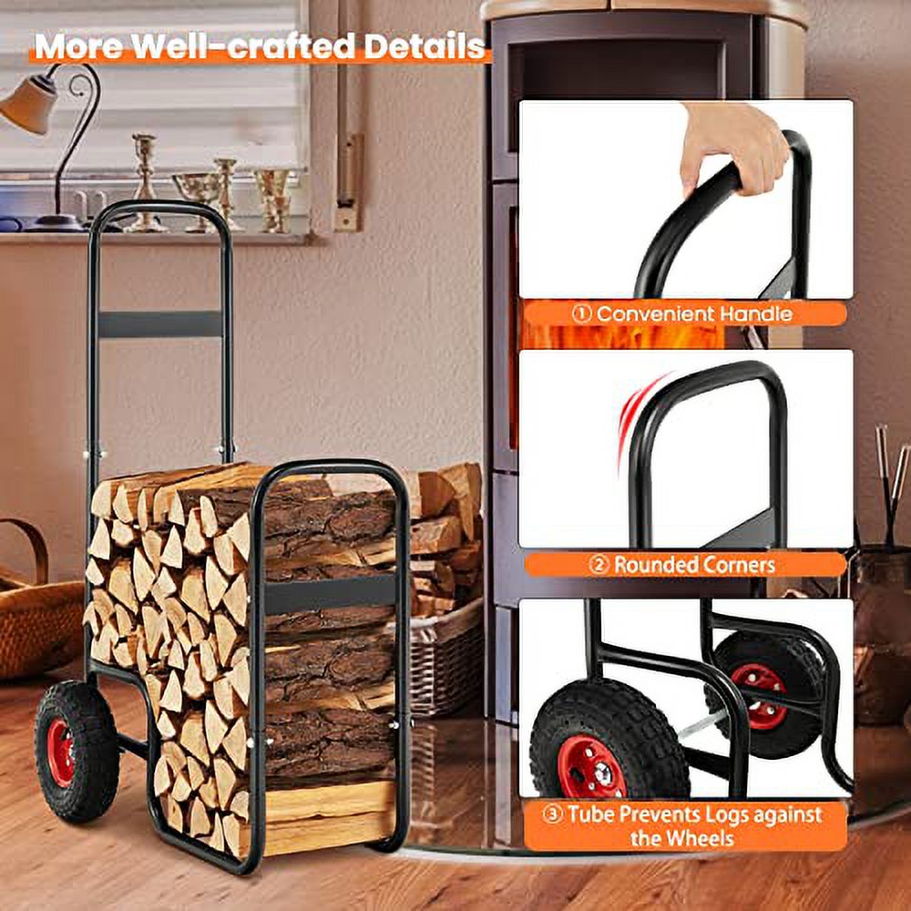 Firewood Log Cart Carrier, Outdoor & Indoor Steel Wood Rack Storage ...